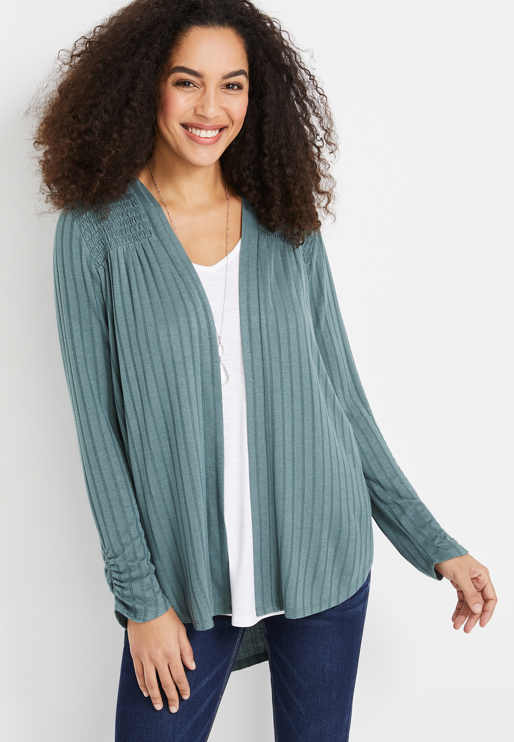 Solid Smocked Shoulder Cardigan | maurices