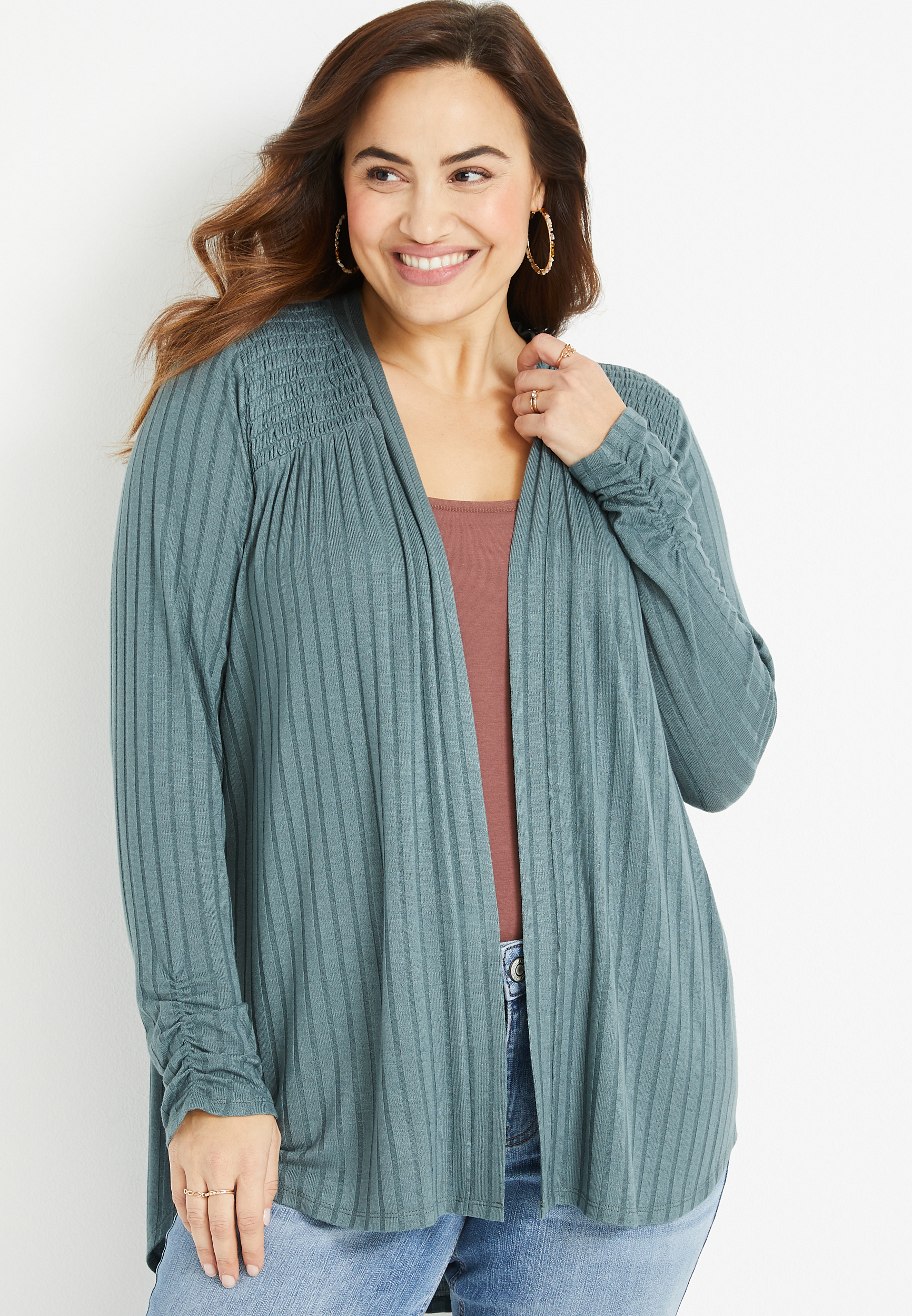 Plus Size Solid Smocked Shoulder Cardigan | maurices