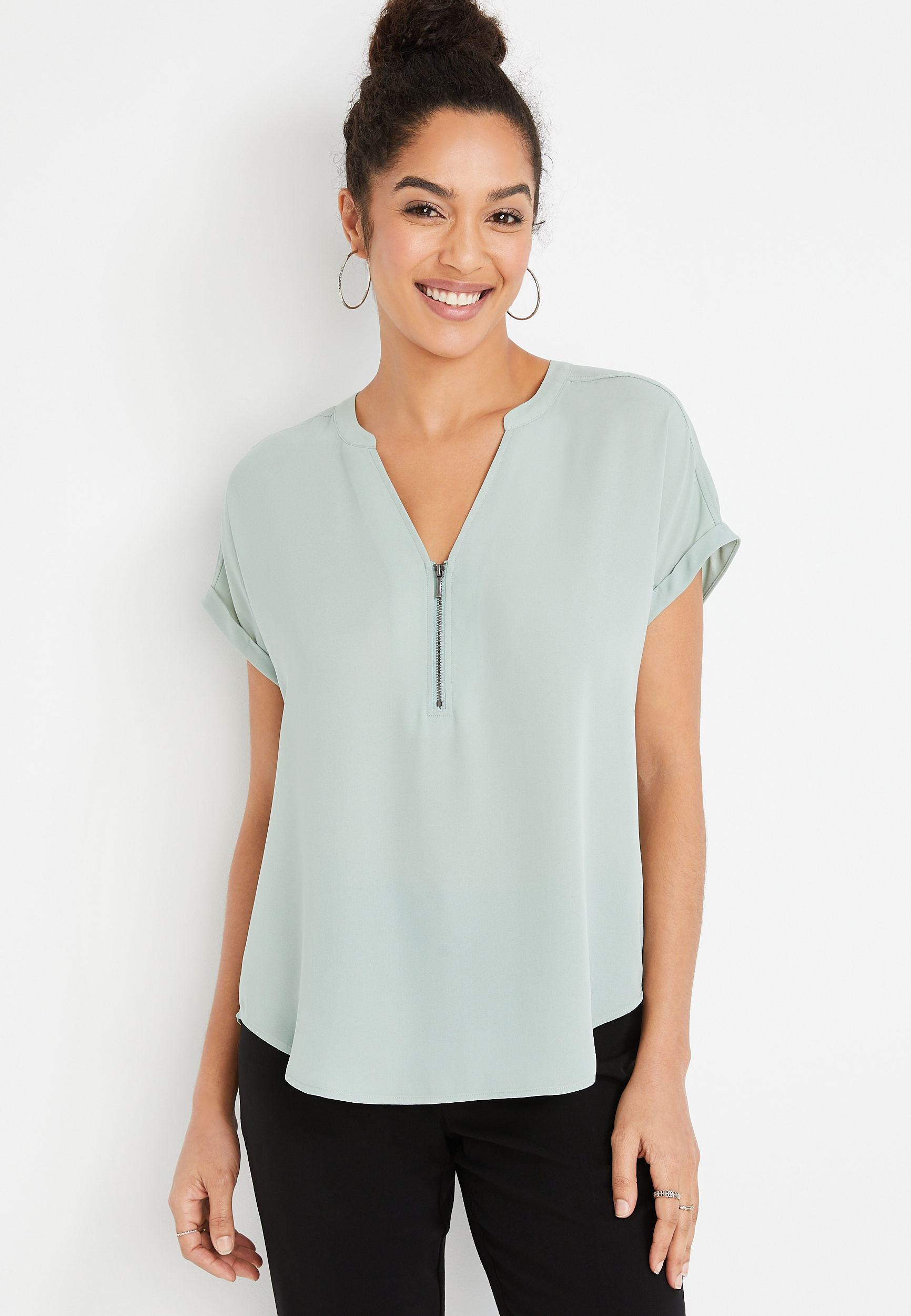 Geneva Solid Zipper Neck Blouse | maurices