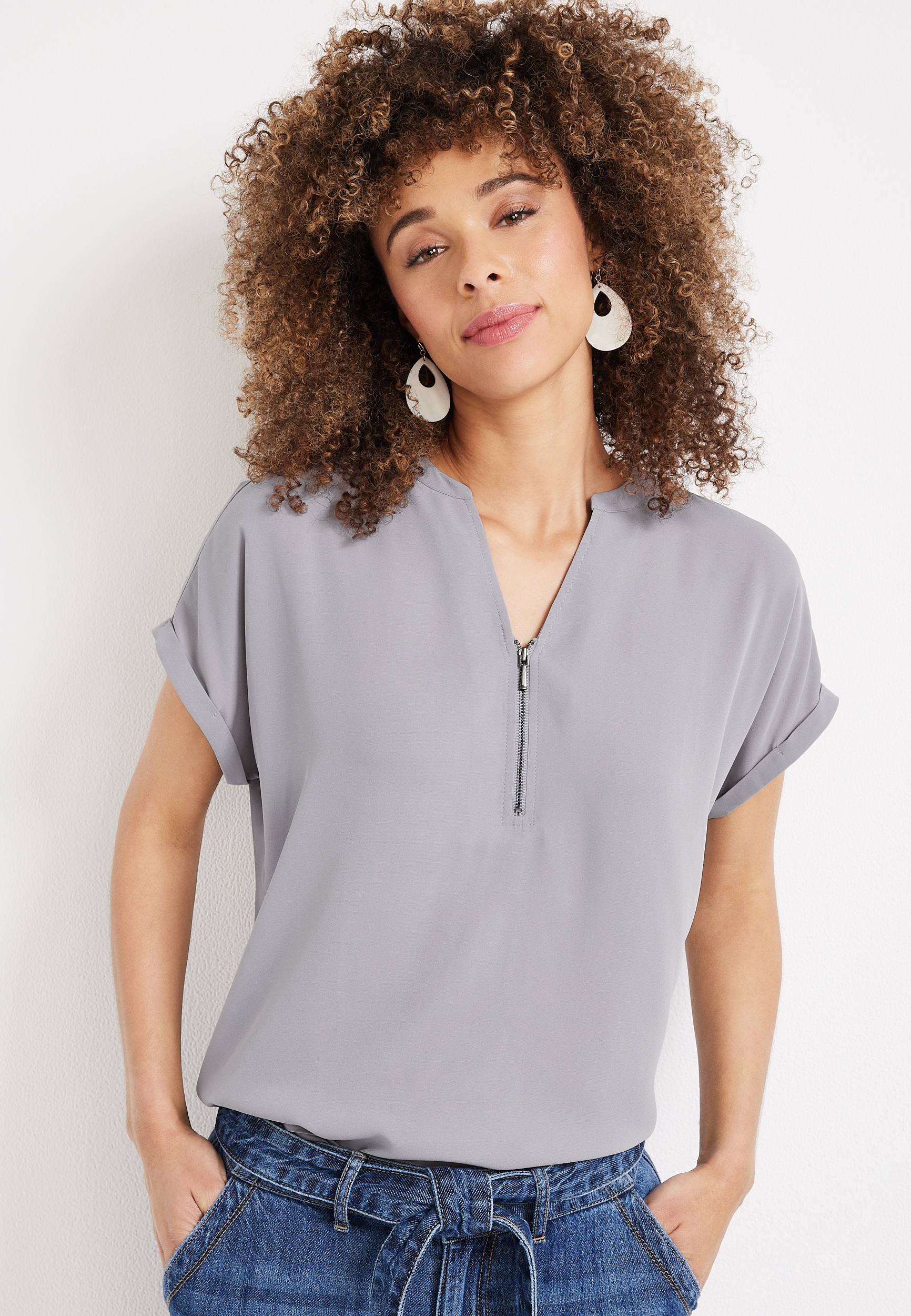 Geneva Solid Zipper Neck Blouse | maurices