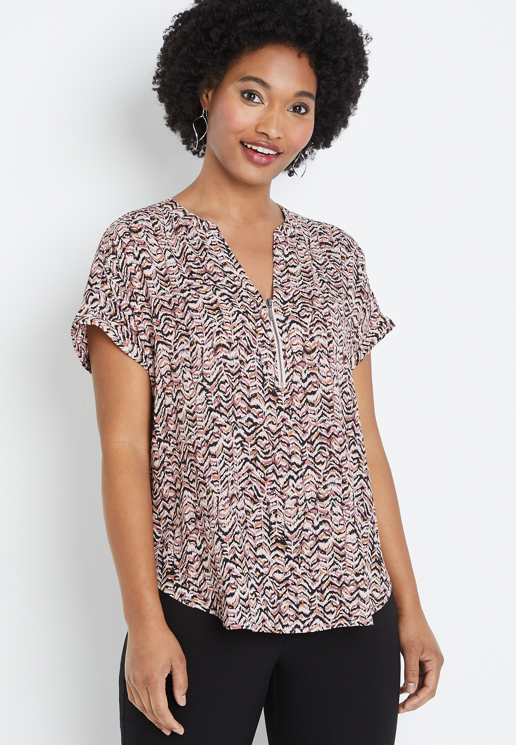 Geneva Chevron Zipper Neck Blouse | maurices