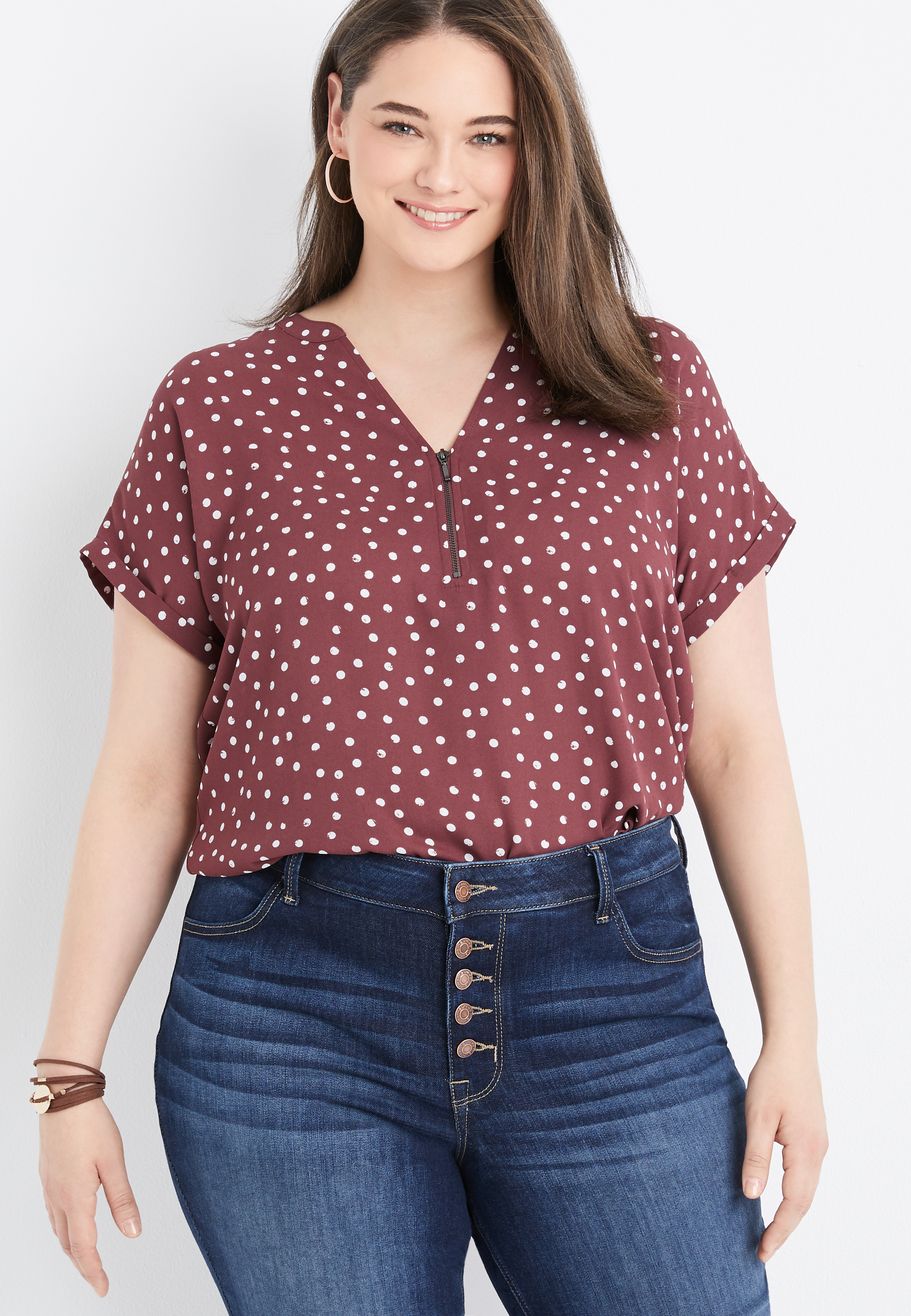 Plus Size Geneva Polka Dot Zipper Neck Blouse | maurices