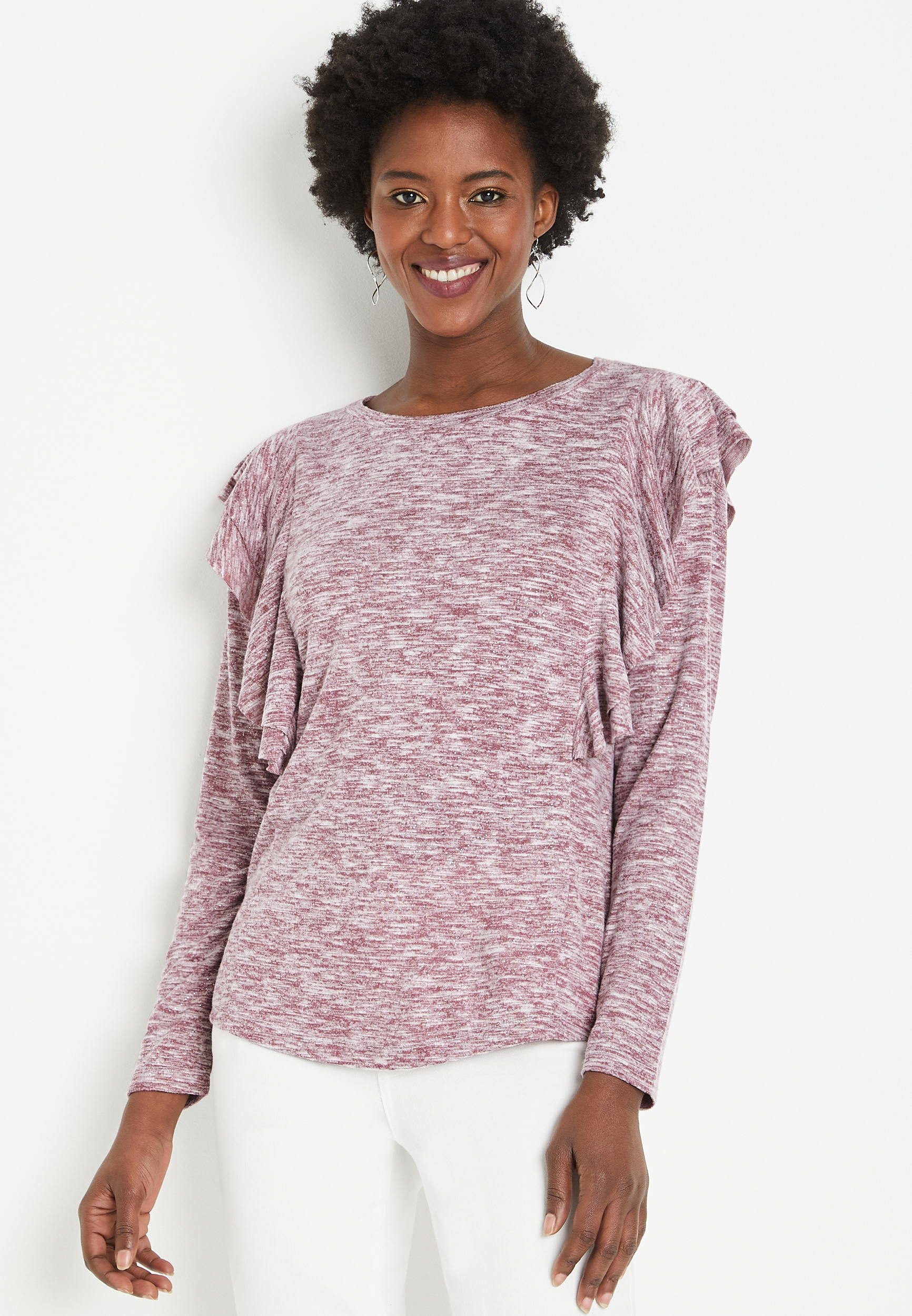 Solid Metallic Long Flutter Sleeve Top | maurices