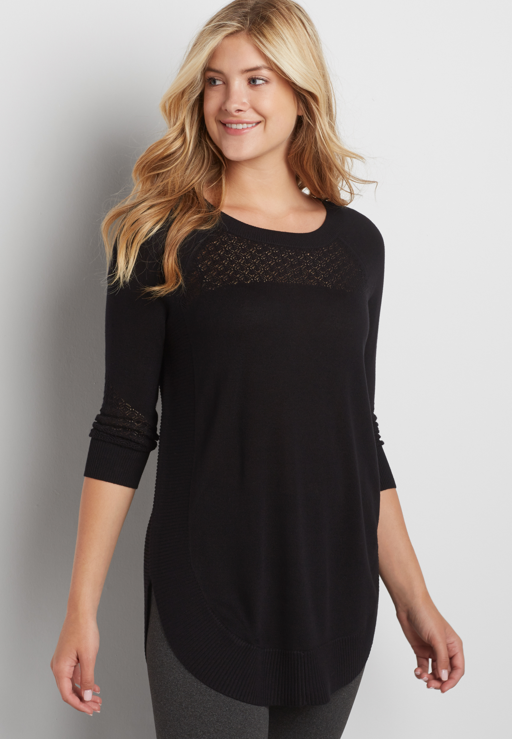 pullover tunic with rounded hem and pointelle stitching | maurices