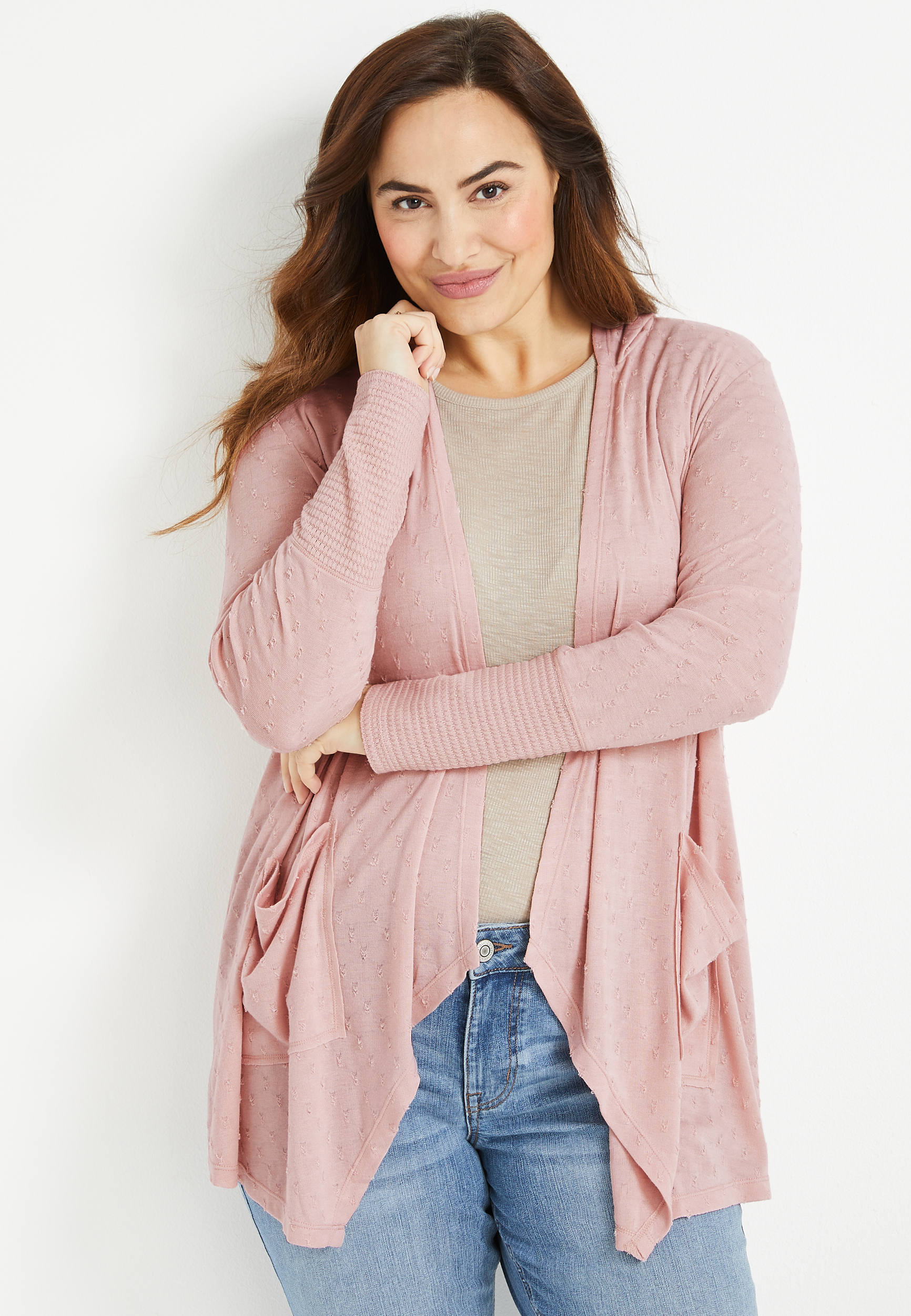 Plus Size Pink Textured Hooded Cardigan | maurices