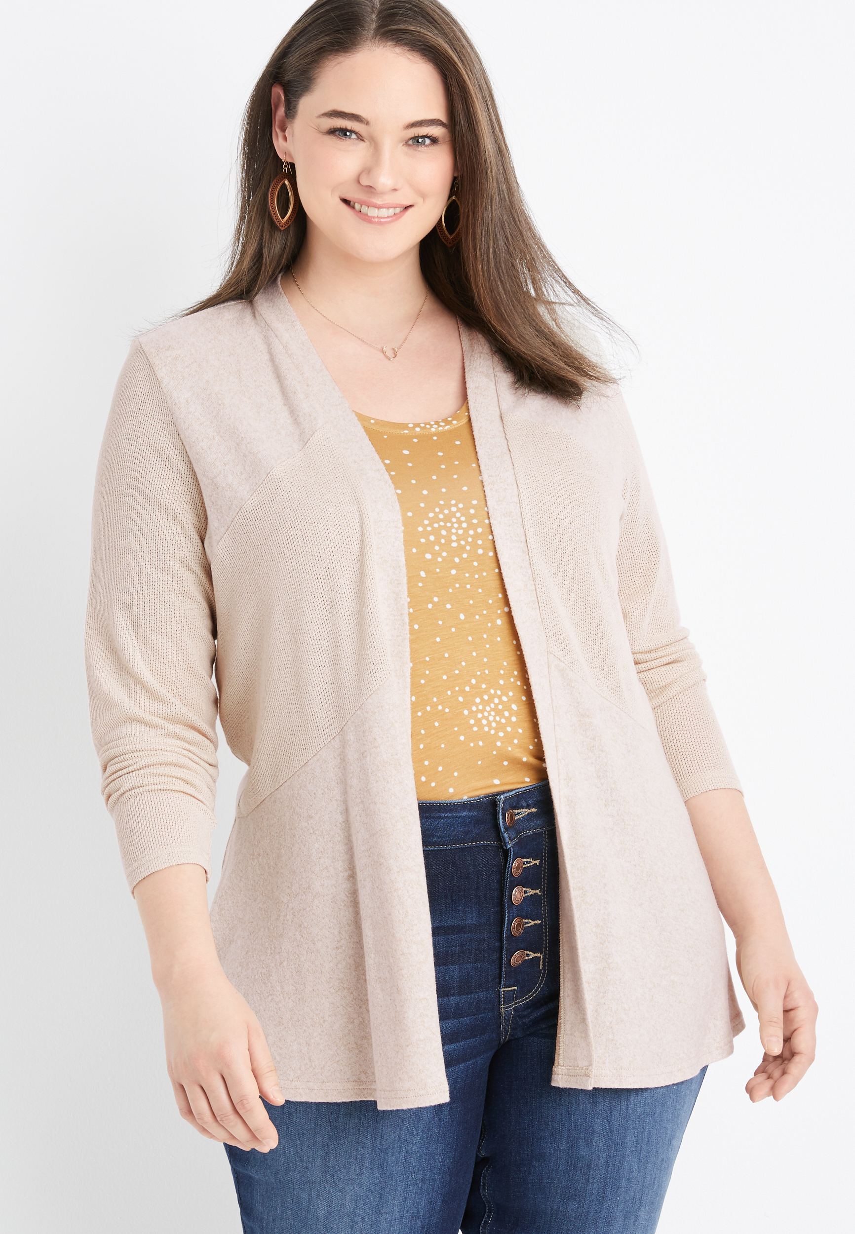 Plus Size Solid Crochet Back Long Sleeve Cardigan | maurices