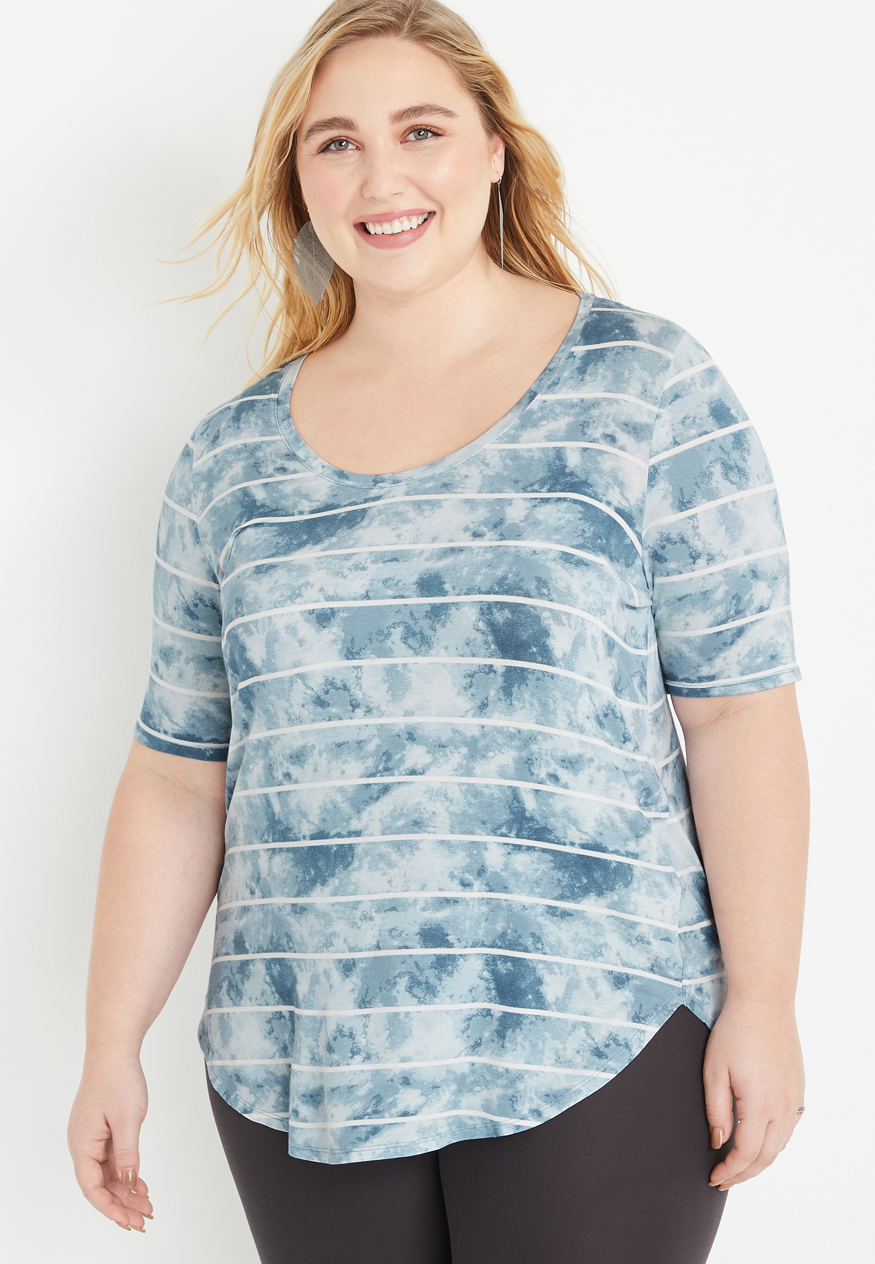 Plus Size 24/7 Flawless Blue Striped Tie Dye Tunic Tee | maurices