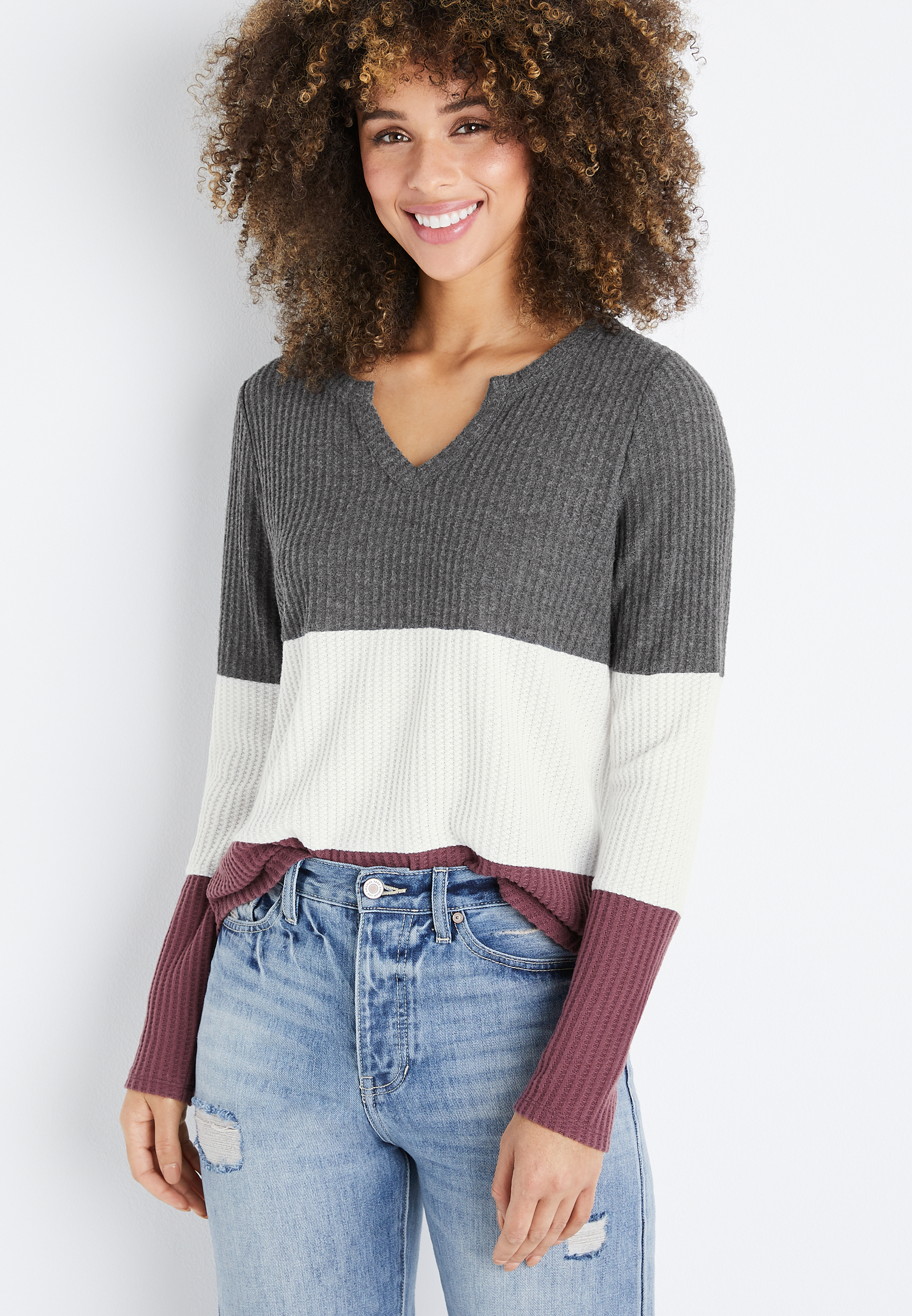 Solid Colorblock Long Sleeve Waffle Tee | maurices