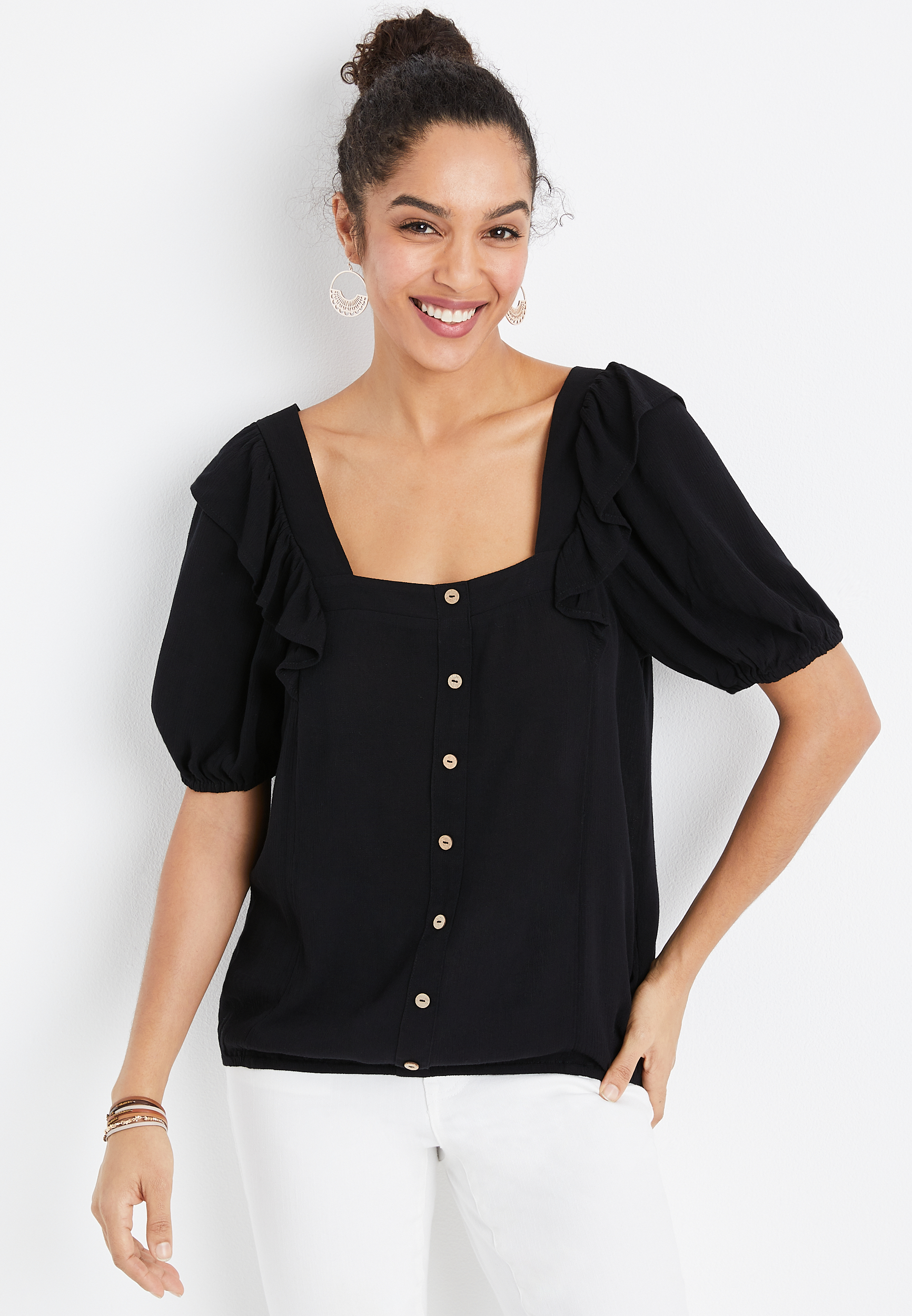 Button Front Square Neck Ruffle Top | maurices