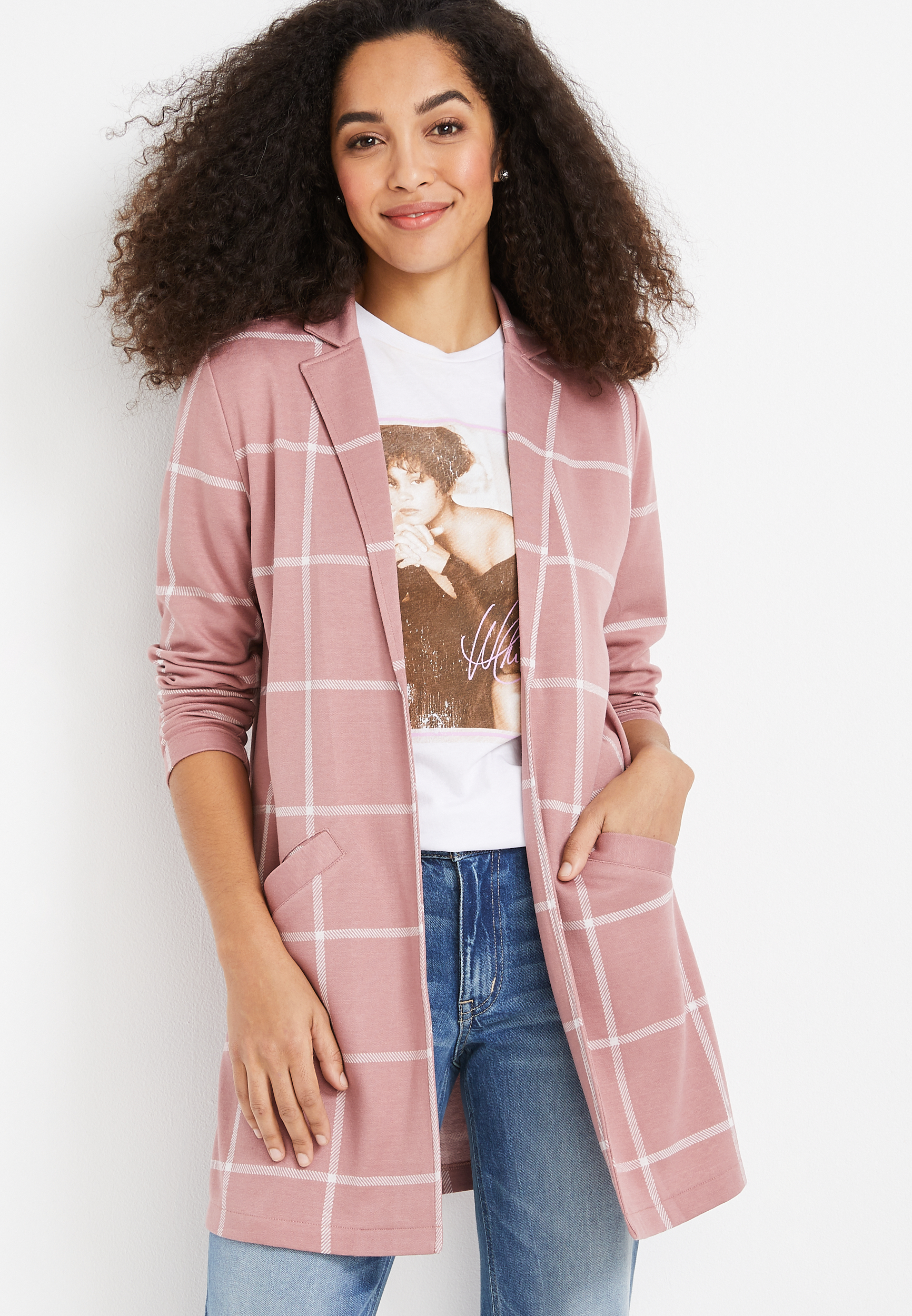 Pink Plaid Duster Blazer | maurices