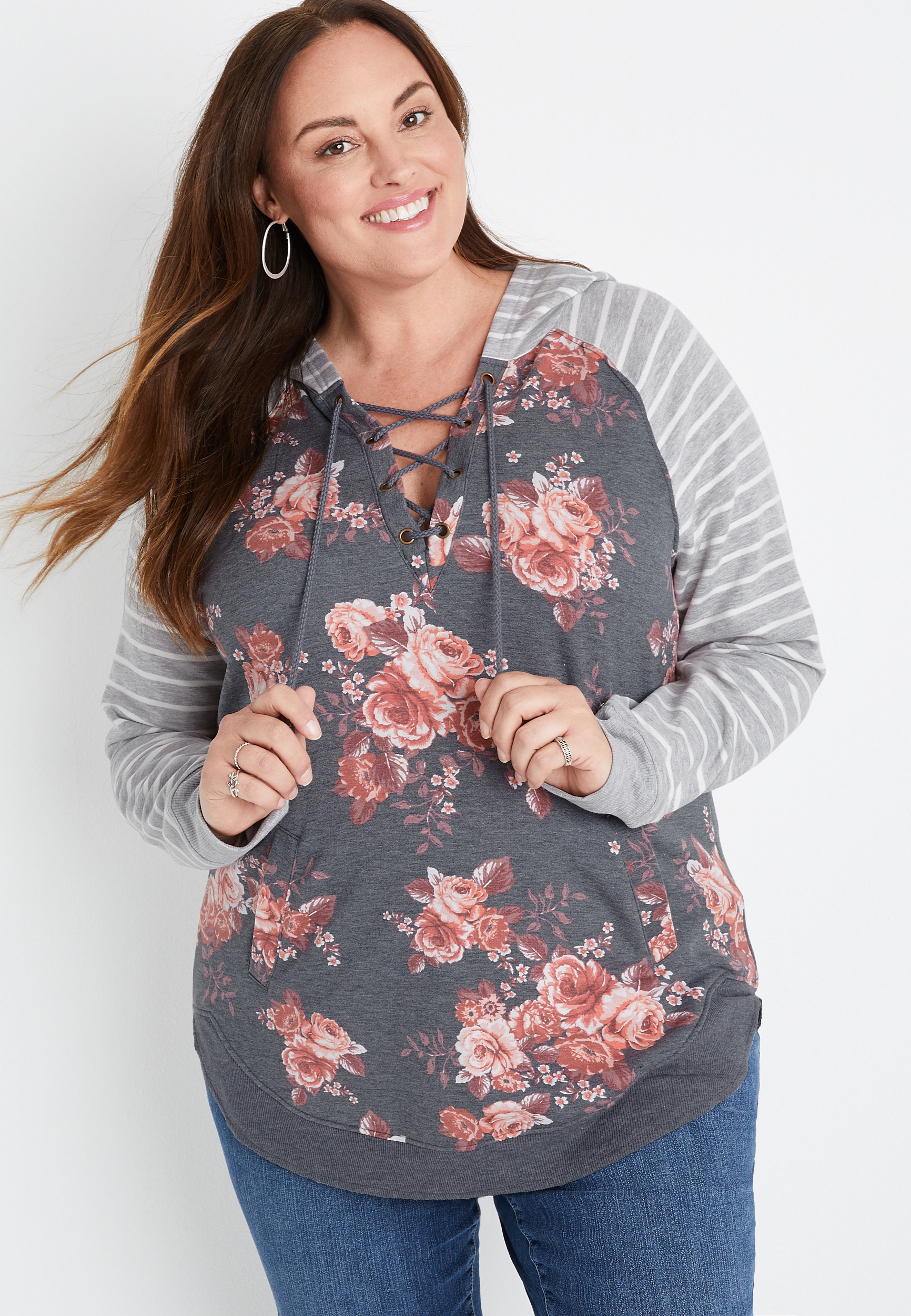 Plus Size Gray Floral Lace Up Harmony Hoodie | maurices