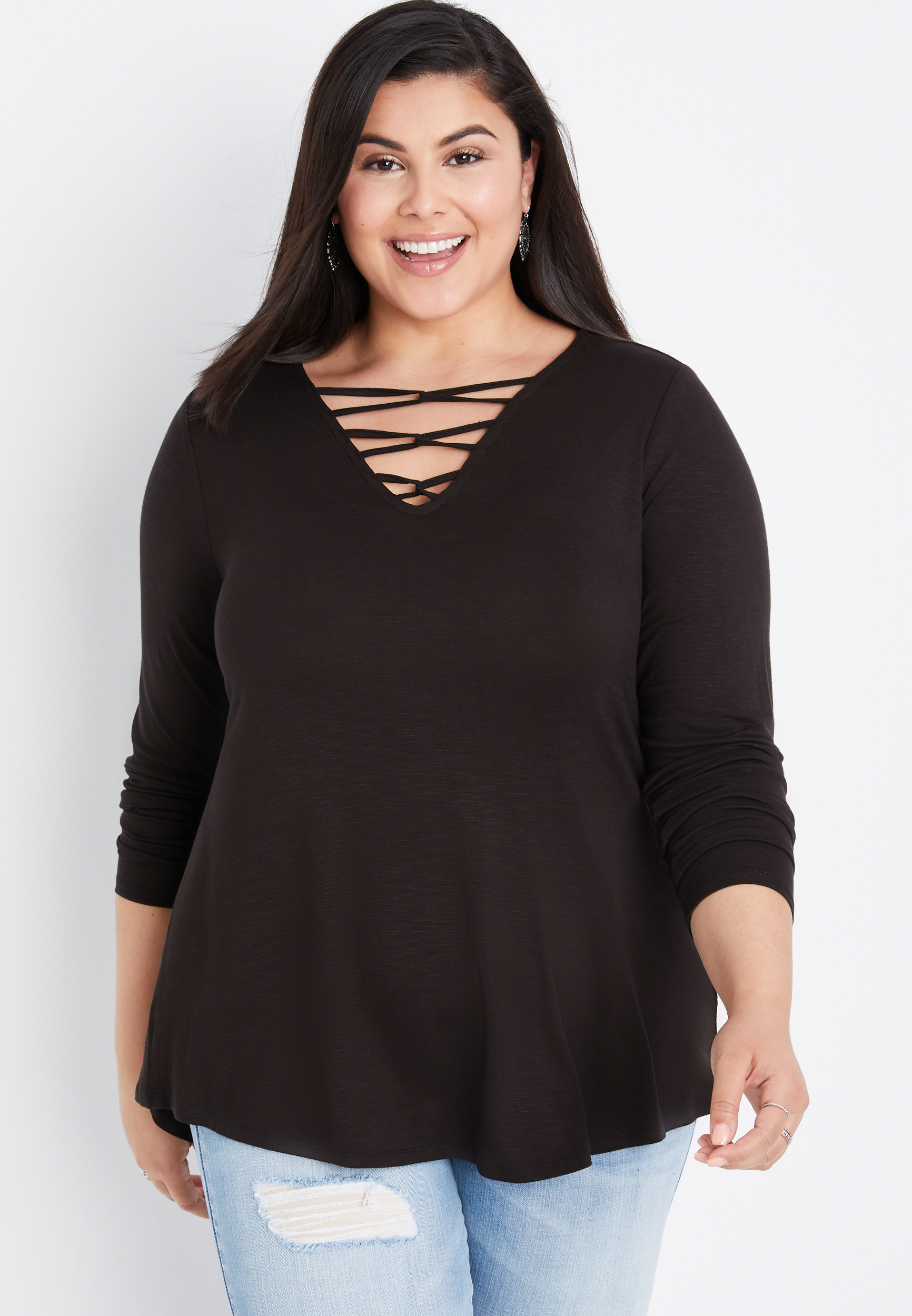 Plus Size Solid Strappy Neck Long Sleeve Tee | maurices