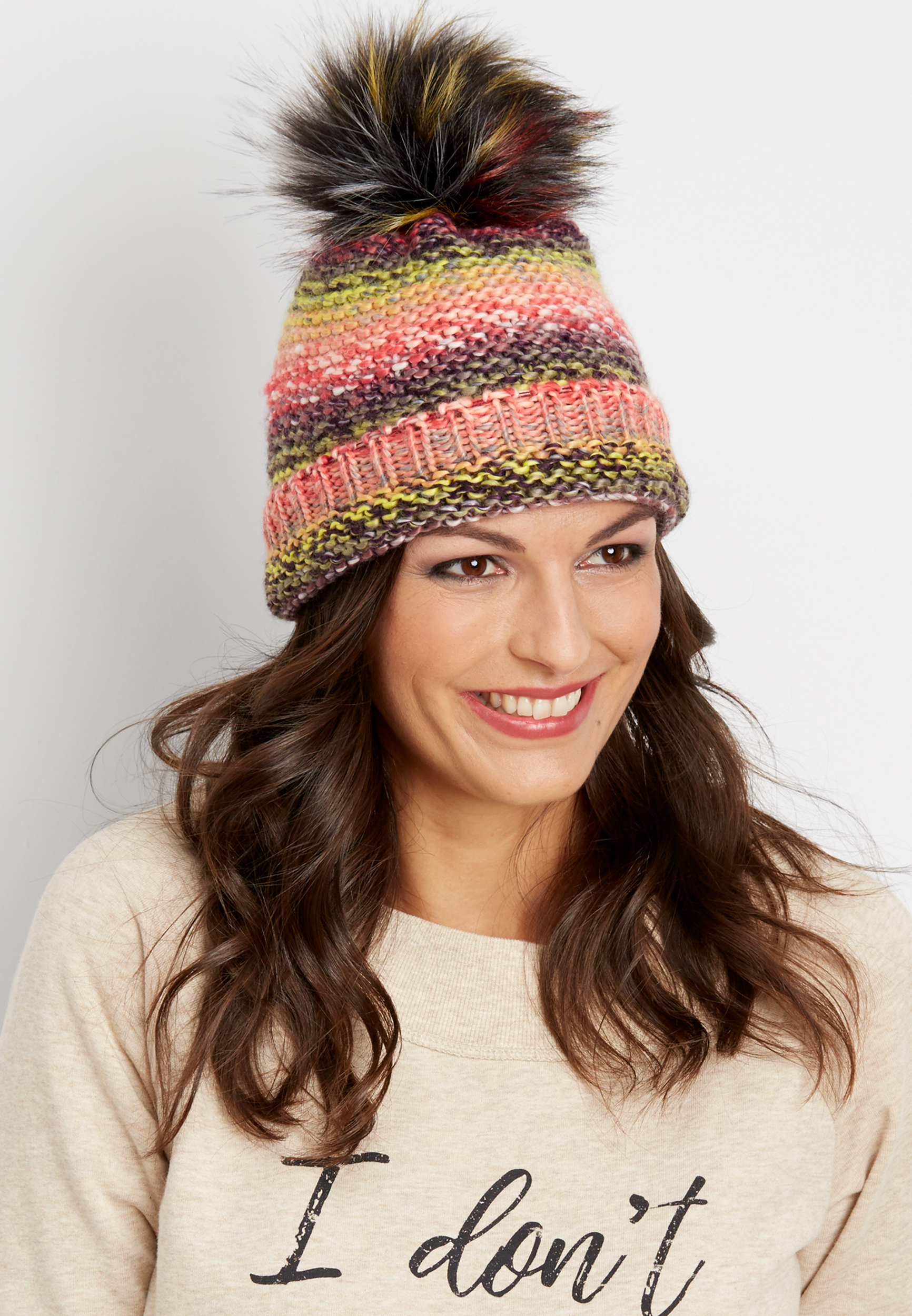 multicolor knit hat with faux fur pompom | maurices
