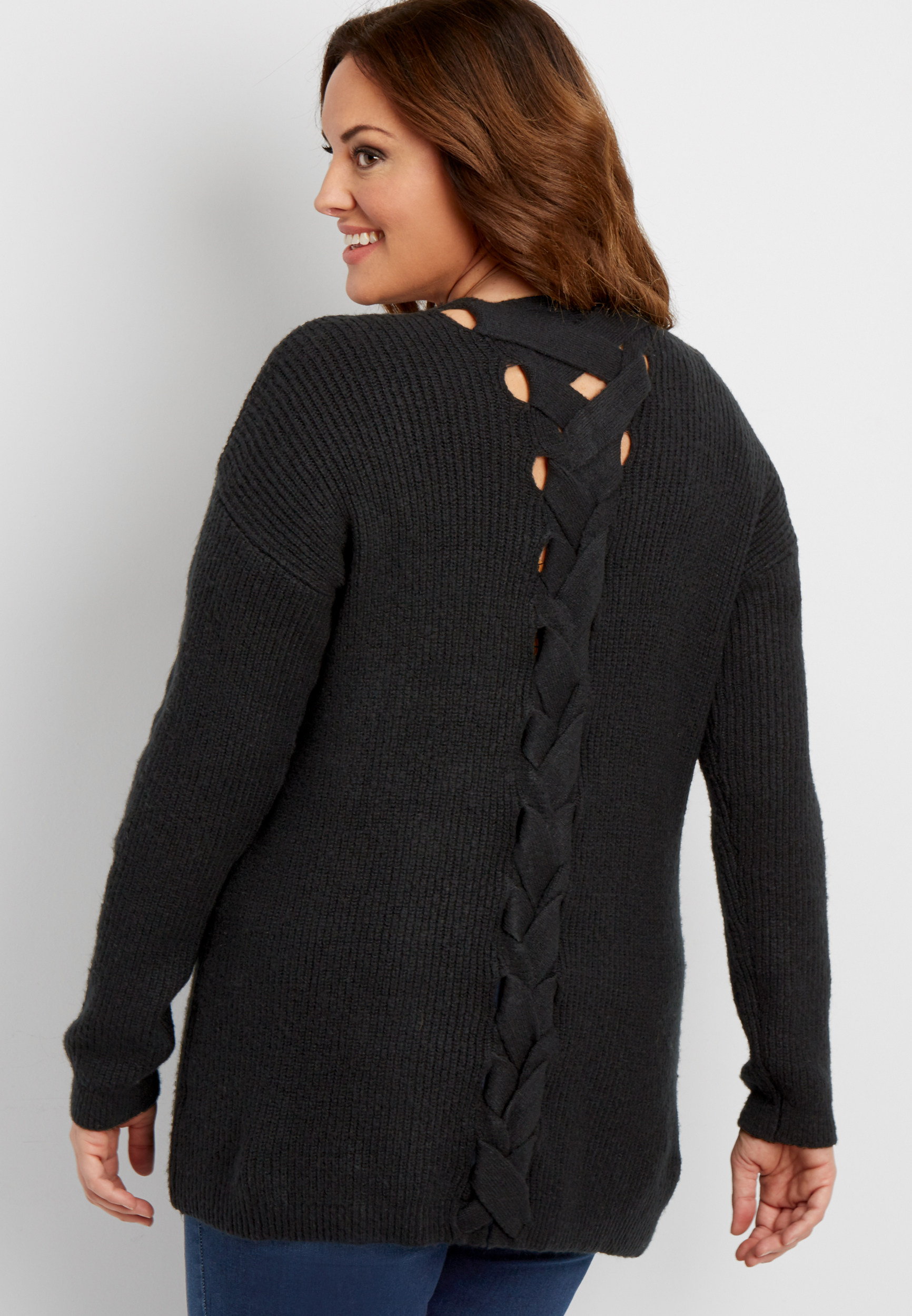 plus size thick knit cardigan with lace up back | maurices