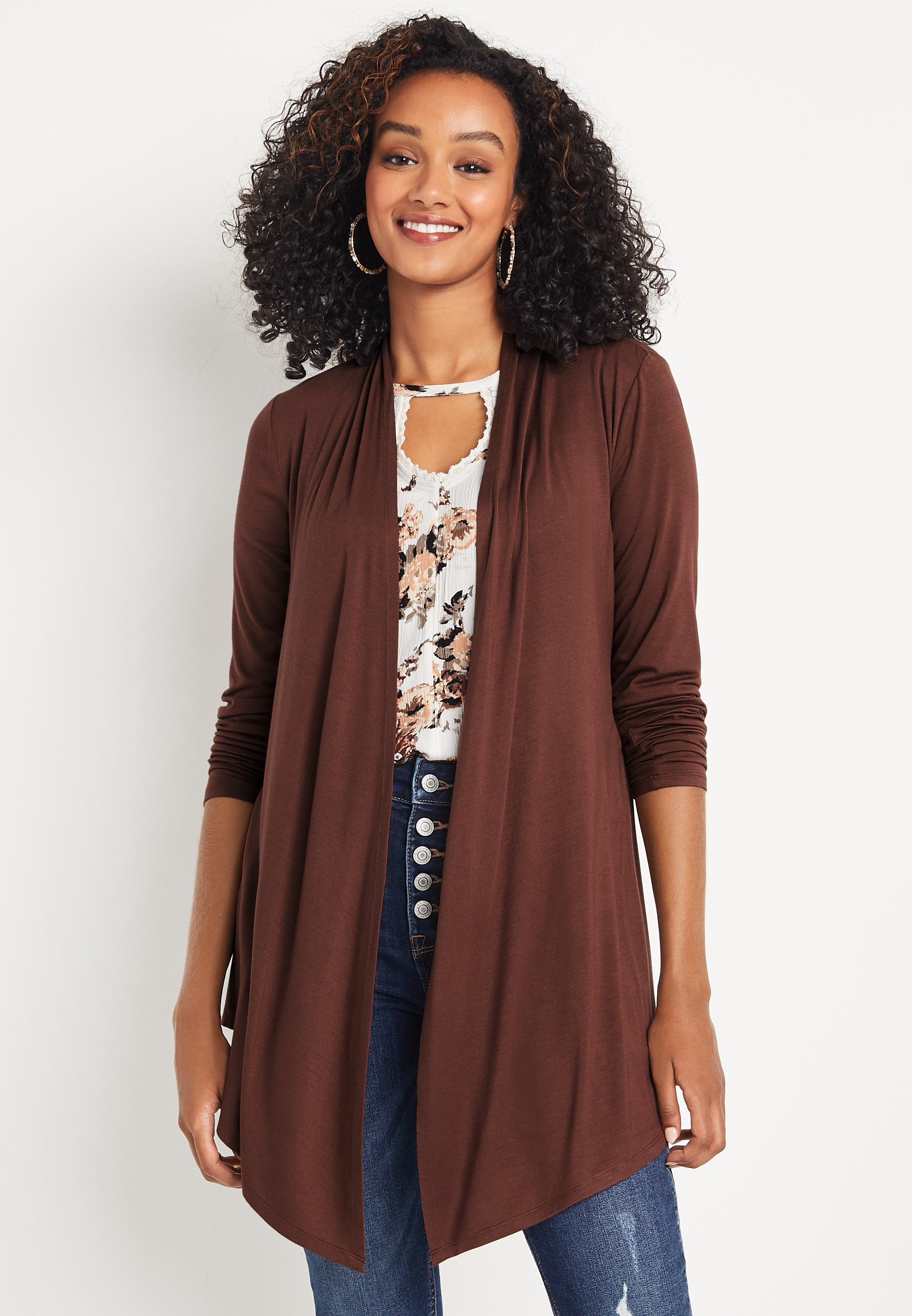 Solid Long Sleeve Waterfall Front Cardigan | maurices