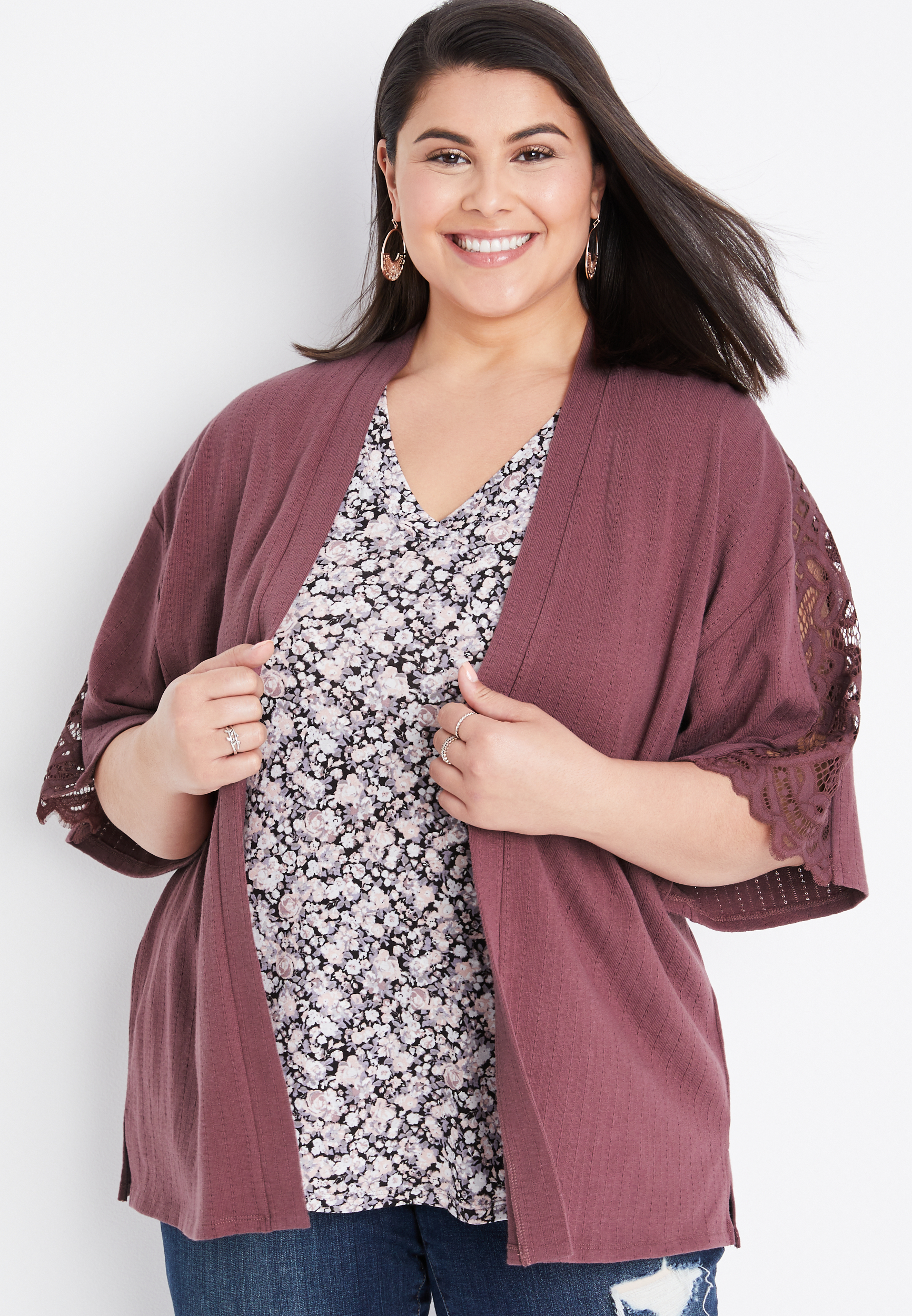 Plus Size Lace Sleeve Open Front Cardigan | maurices