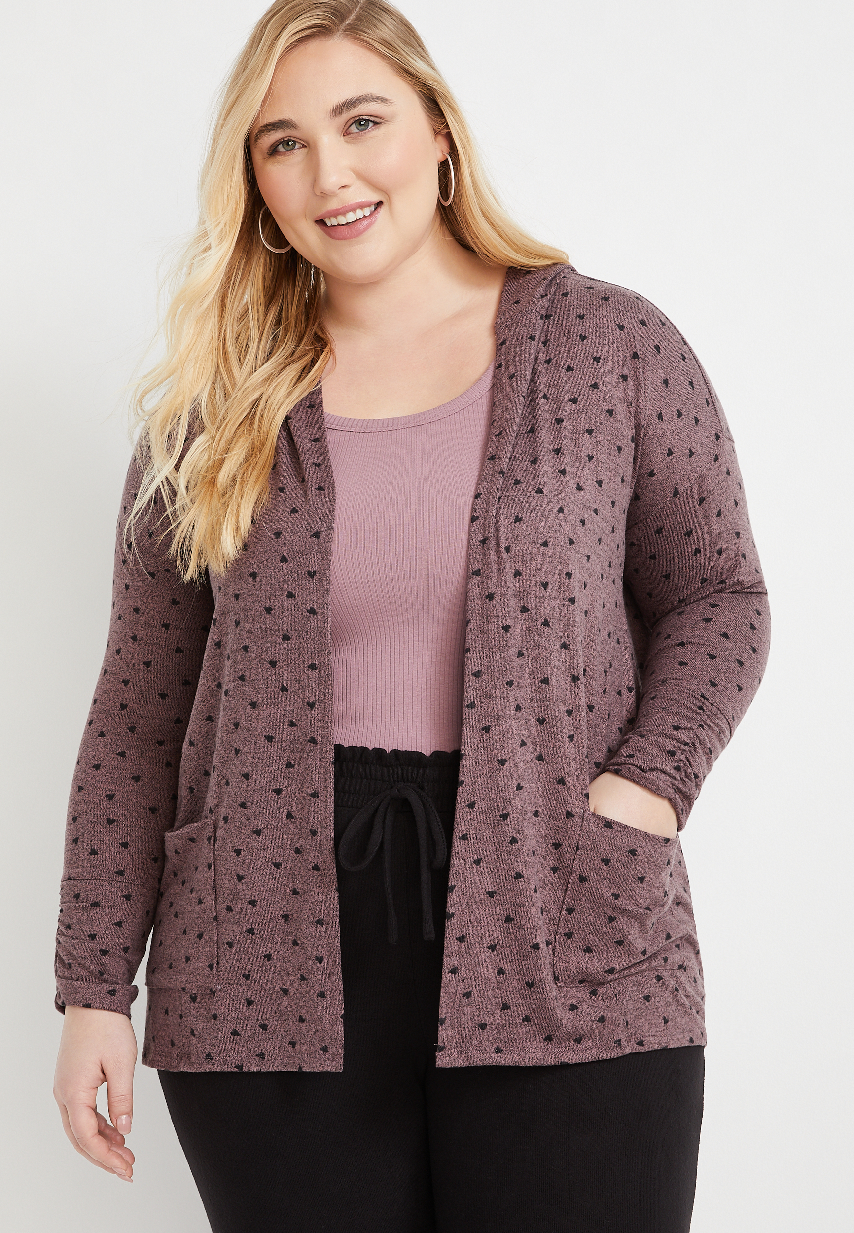 Plus Size Pink Heart Cozy Hooded Cardigan | maurices
