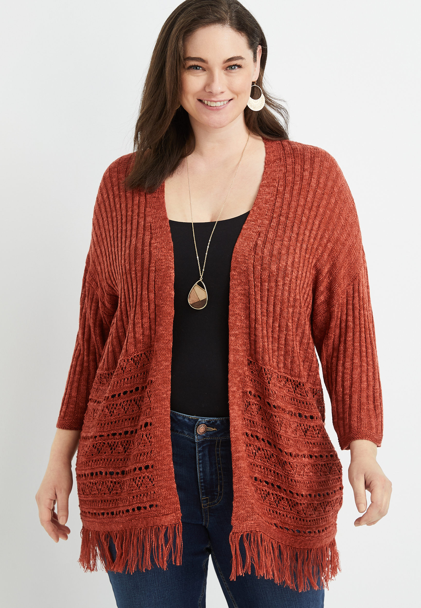 Plus Size Open Stitch Fringe Trim Cardigan | maurices