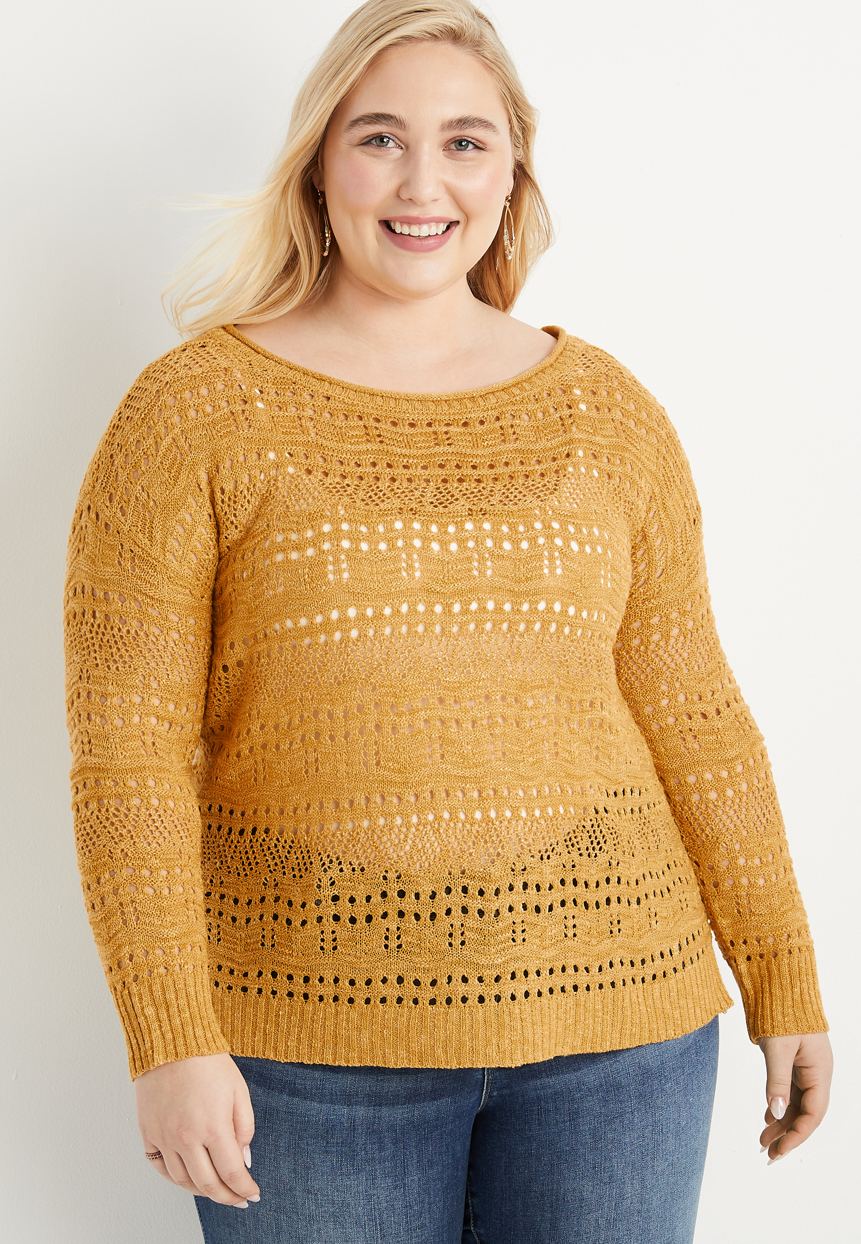 Plus Size Solid Open Stitch Boat Neck Sweater | maurices