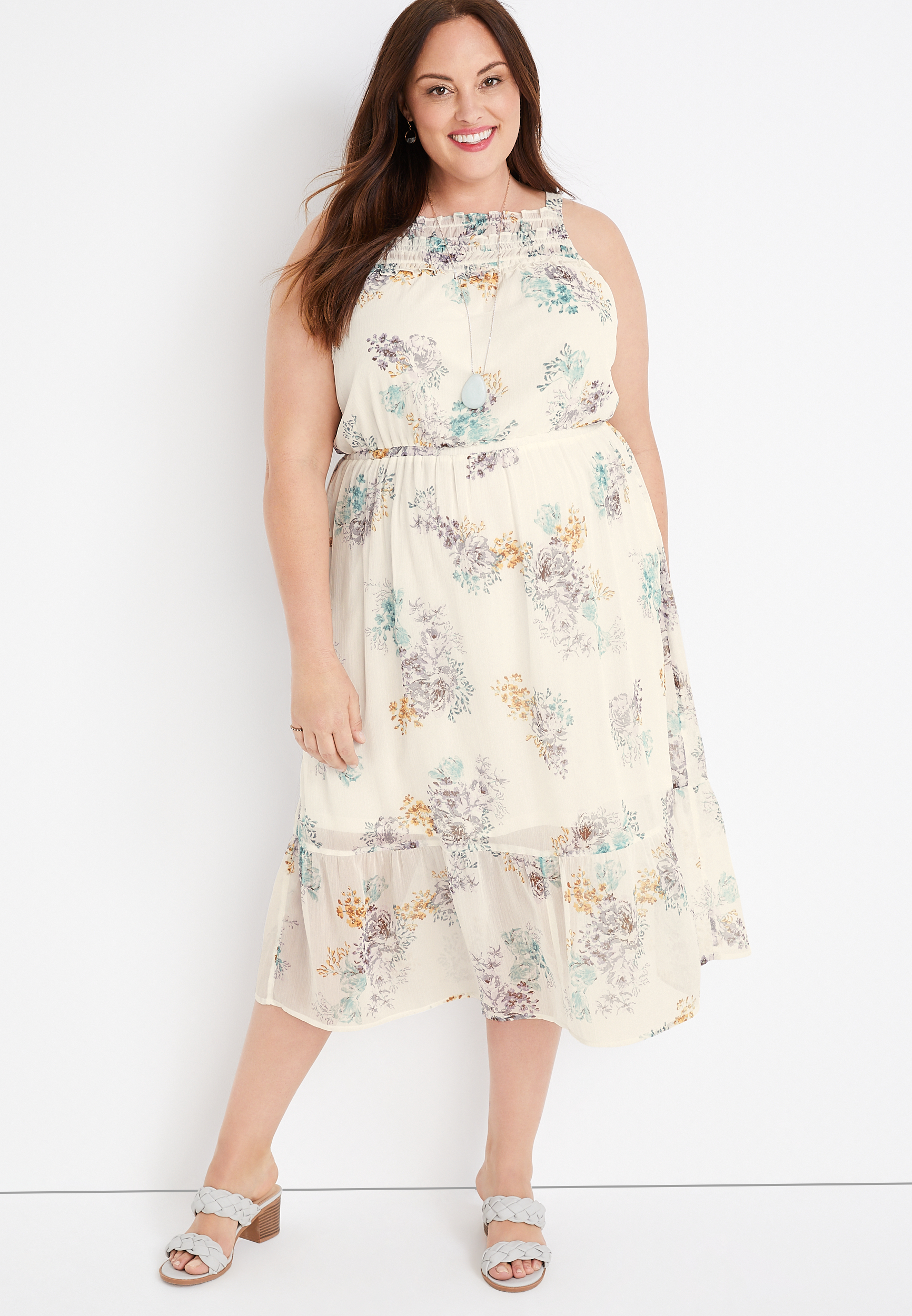 Plus Size White Floral Halter Neck Midi Dress | maurices