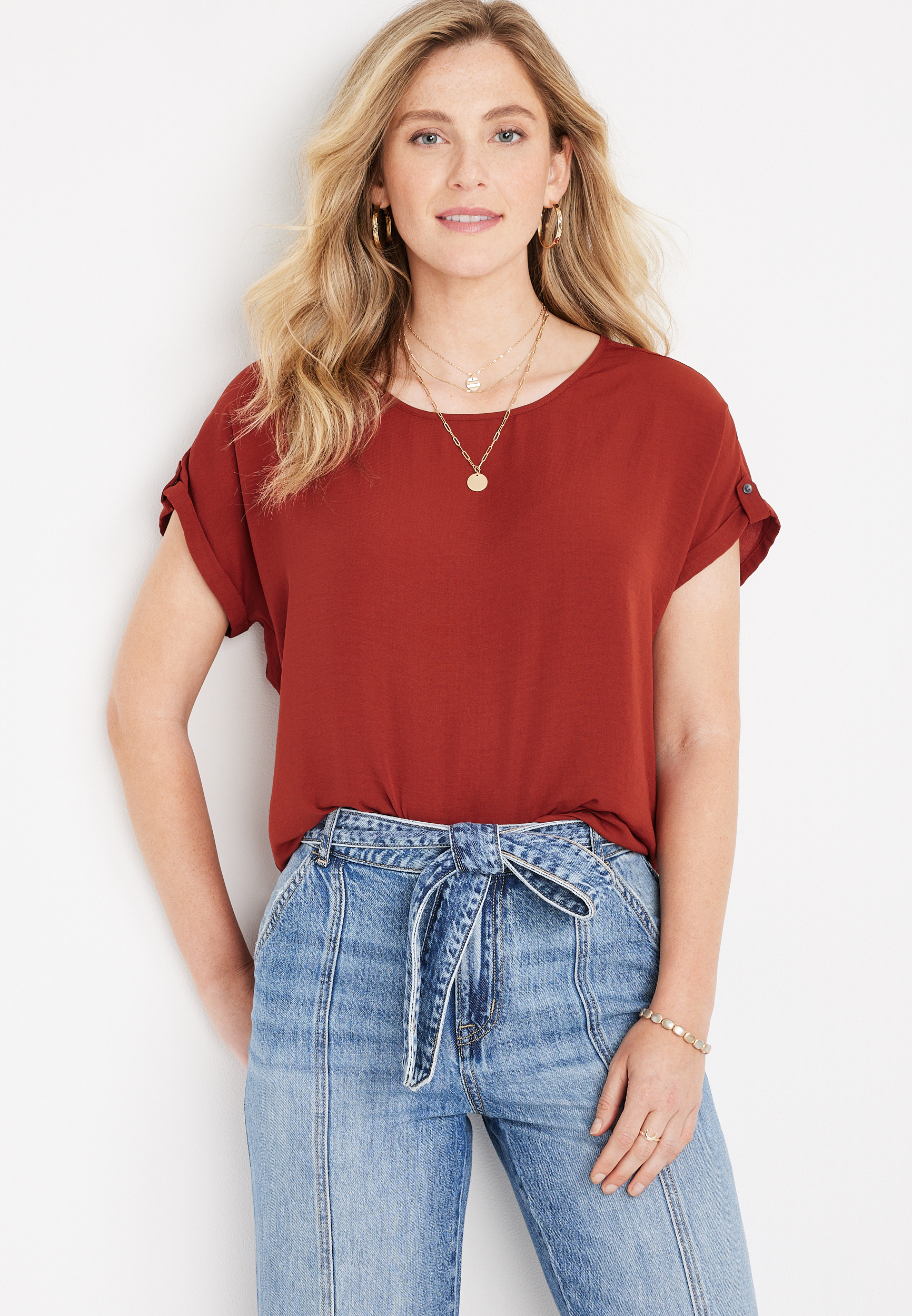 Delton Solid Zipper Back Blouse | maurices