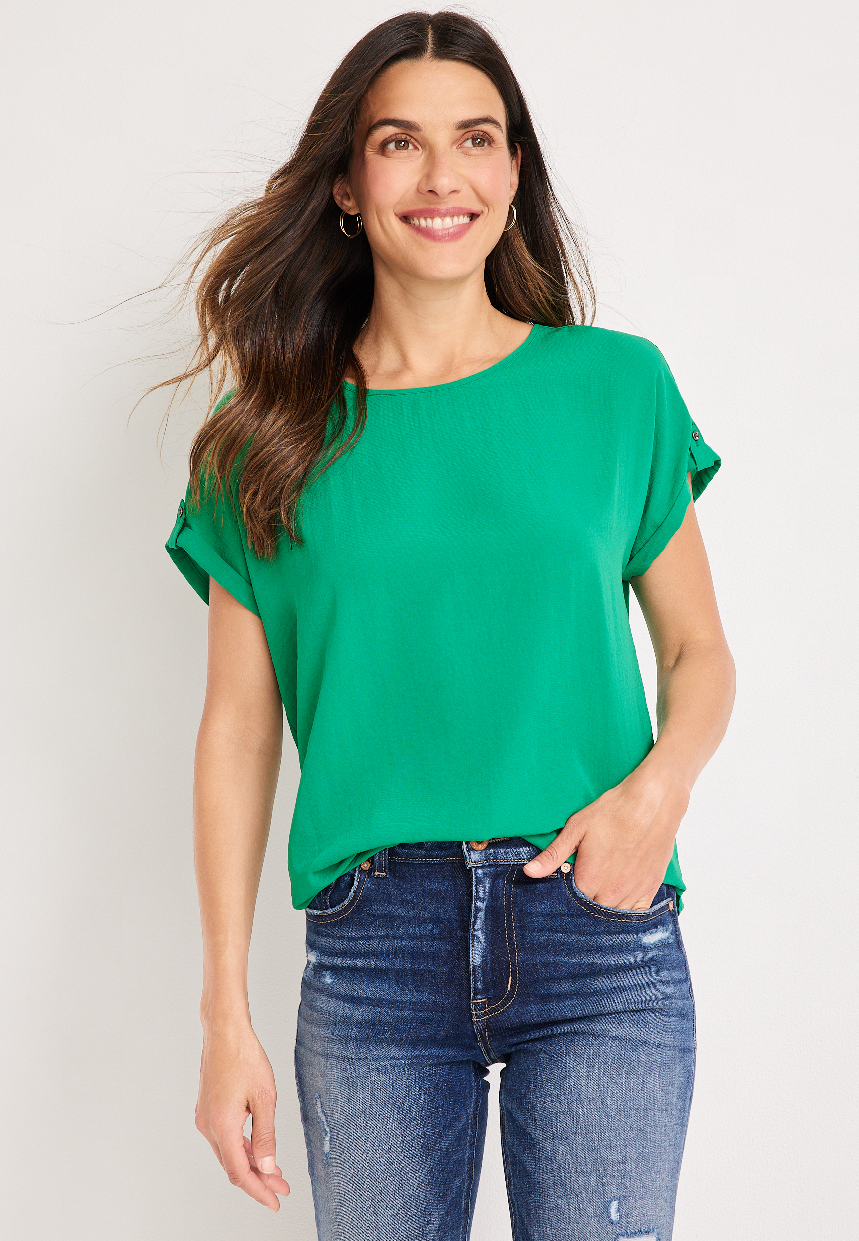 Delton Solid Zipper Back Blouse | maurices