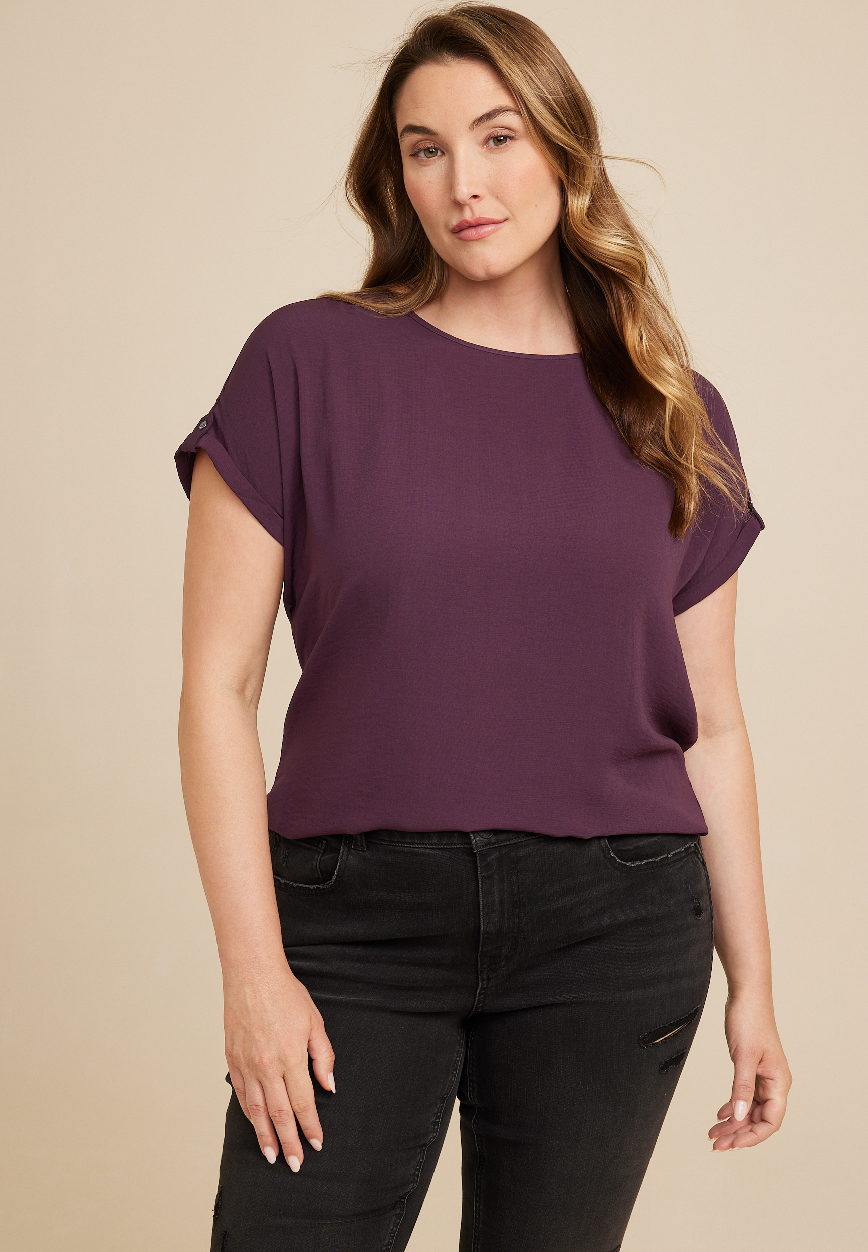 Plus Size Delton Solid Zipper Back Blouse | maurices