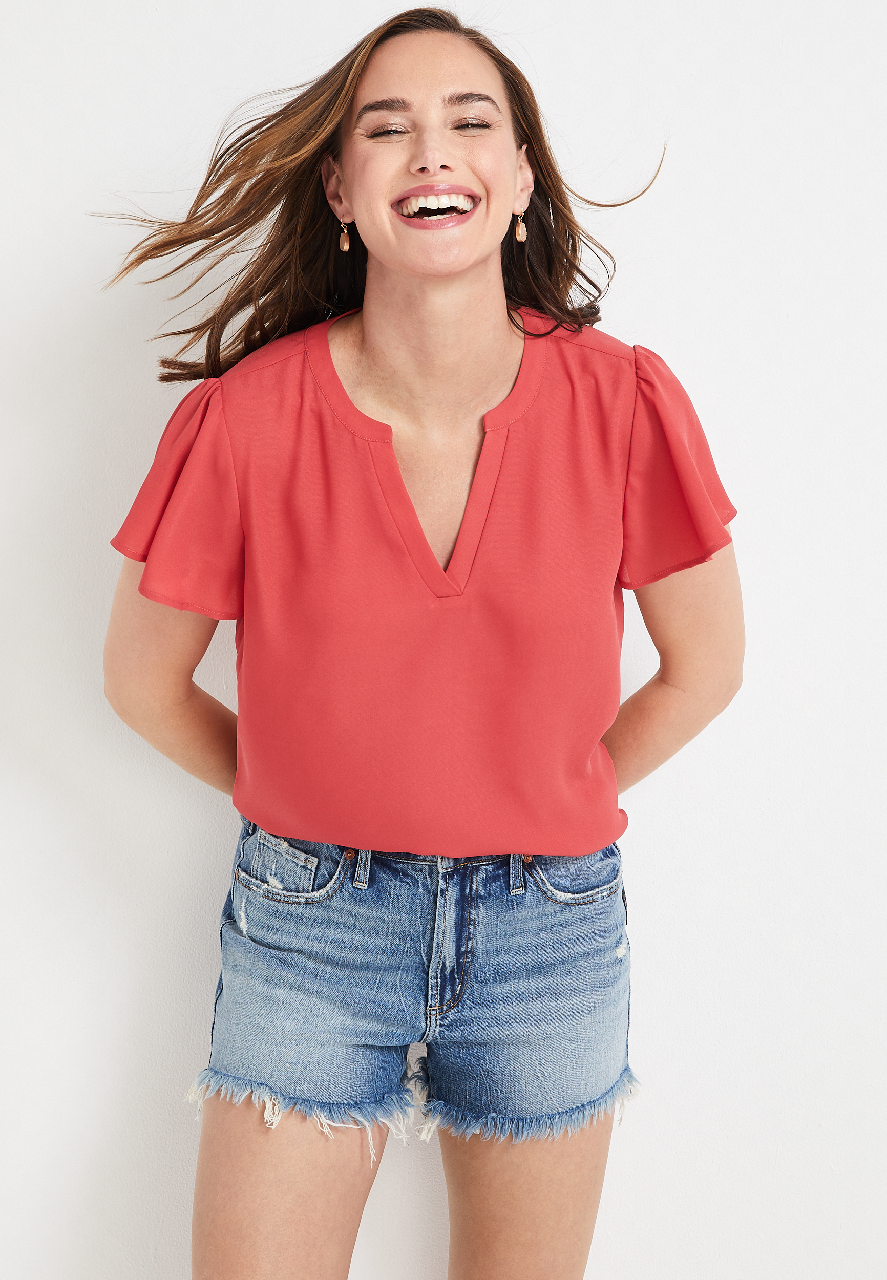 Solid Flutter Sleeve Blouse | maurices