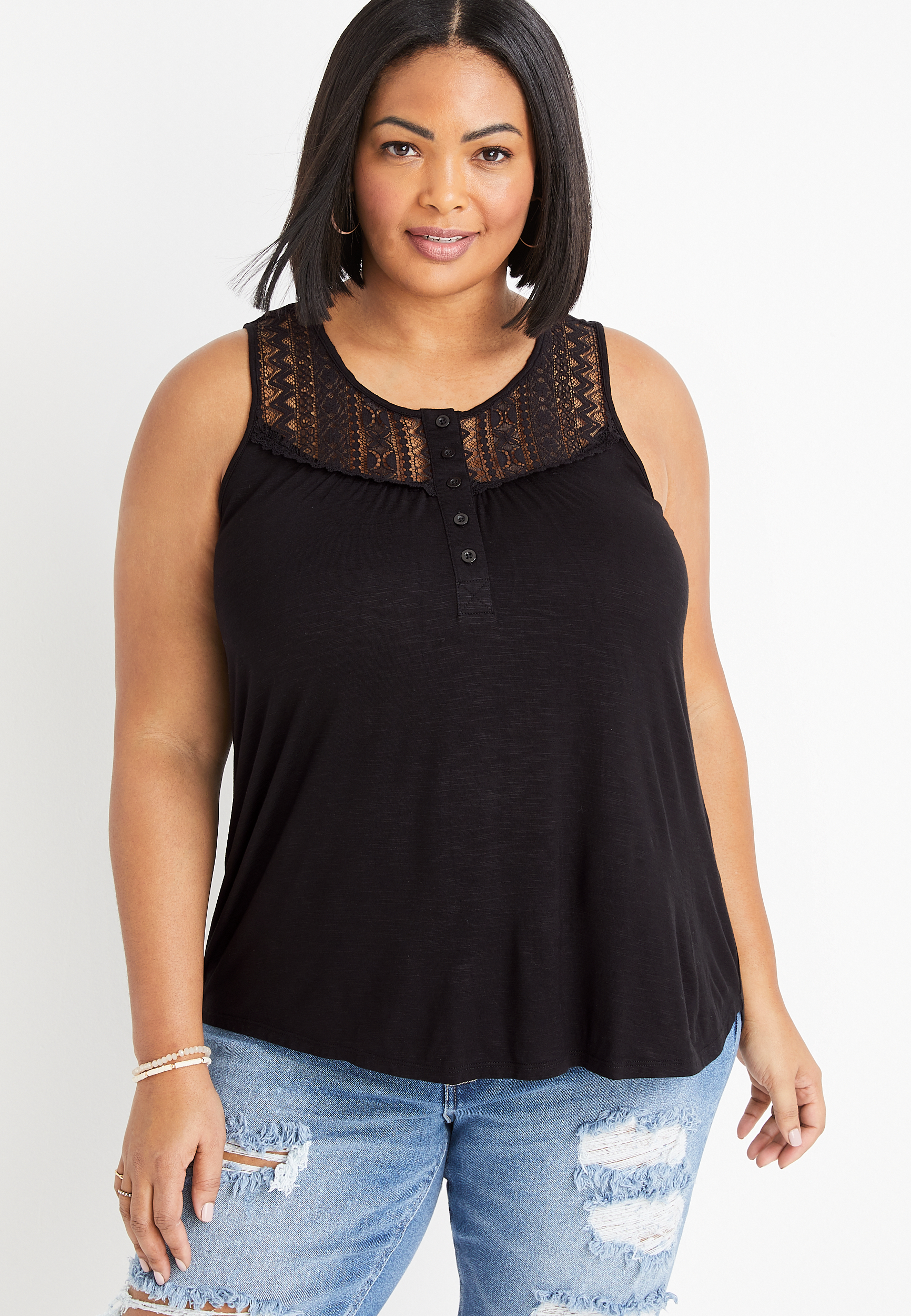 Plus Size Solid Henley Lace Tank Top | maurices