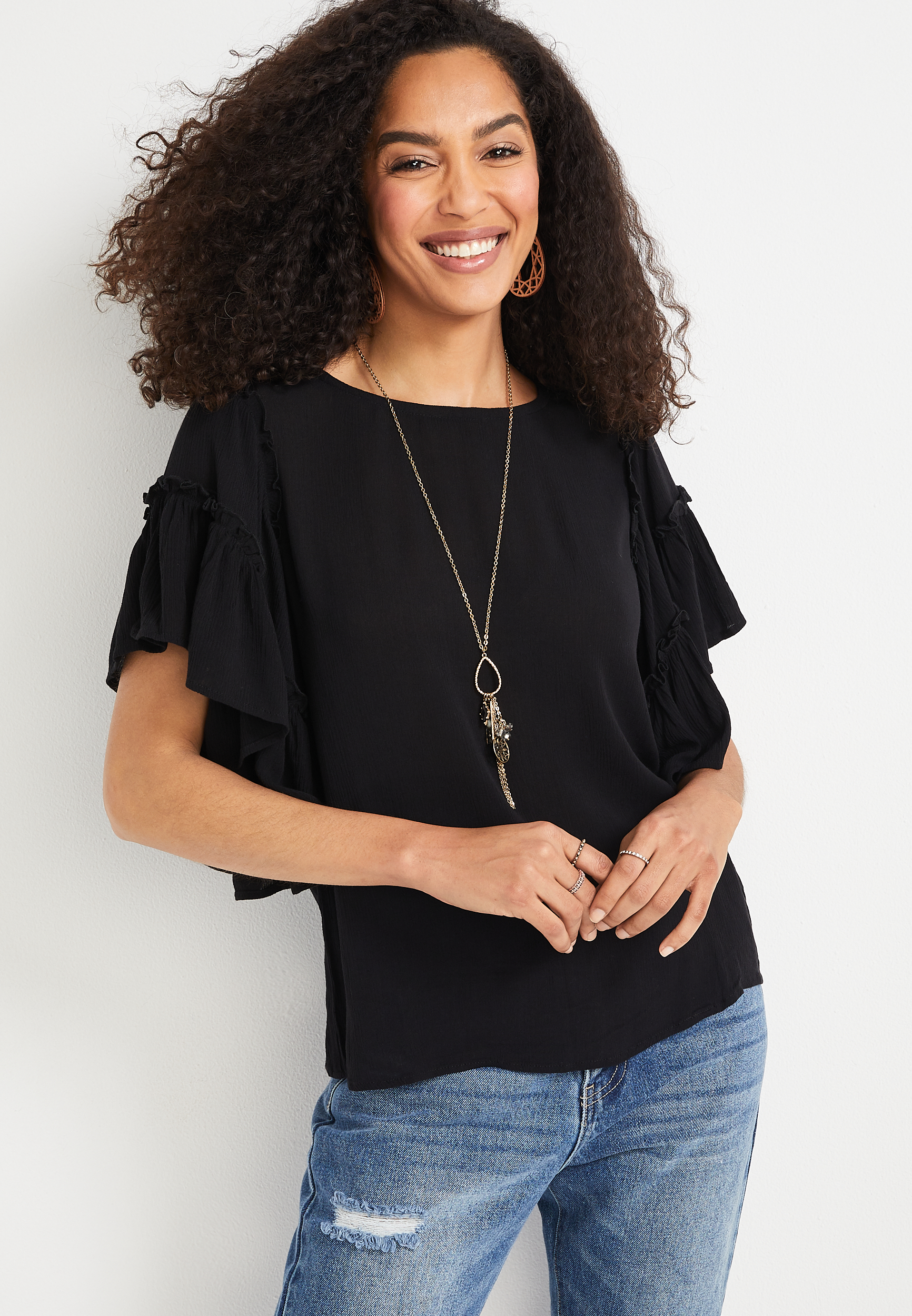 Black Solid Flutter Sleeve Blouse | maurices