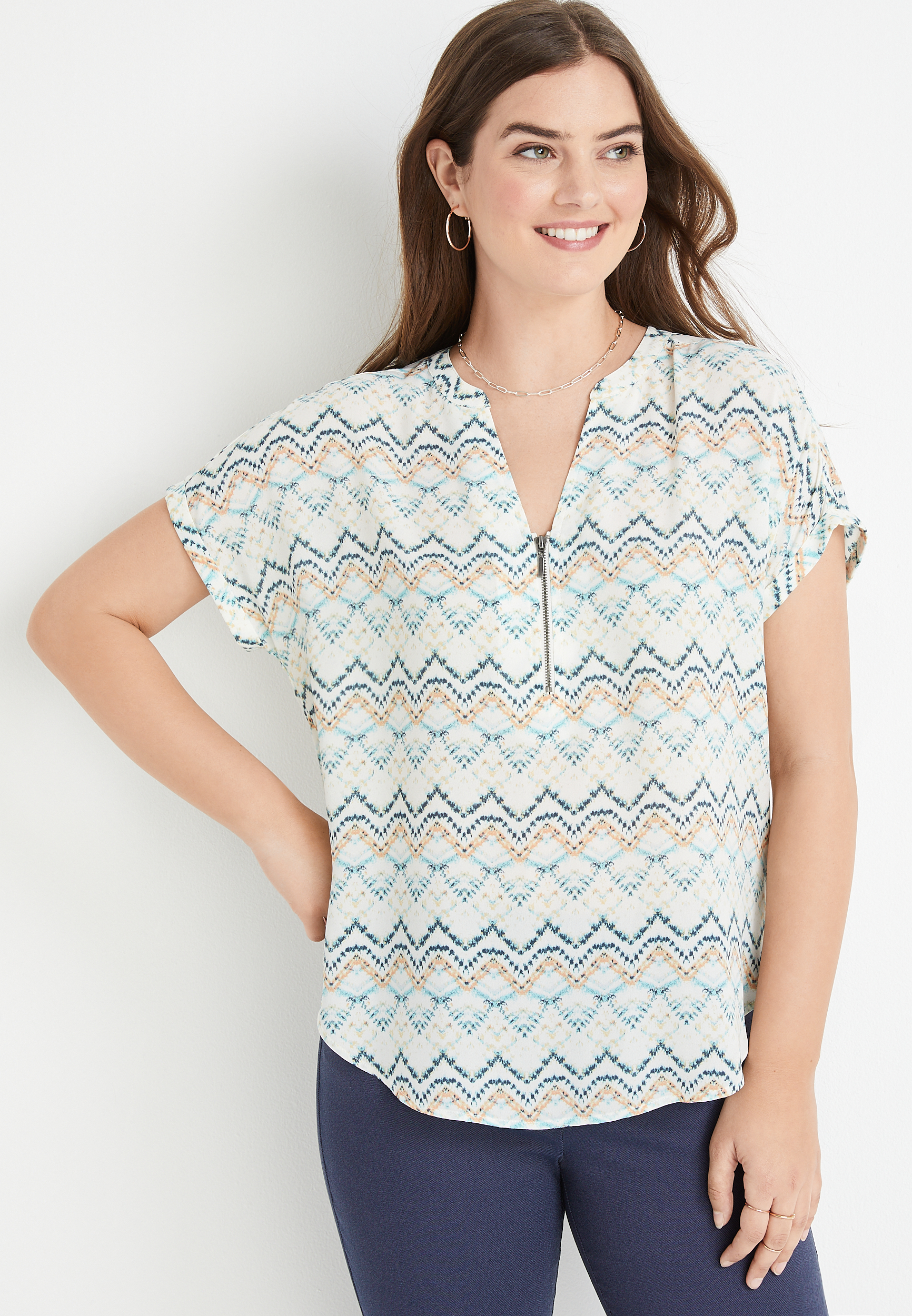 Geneva Chevron Pattern Zipper Neck Blouse | maurices