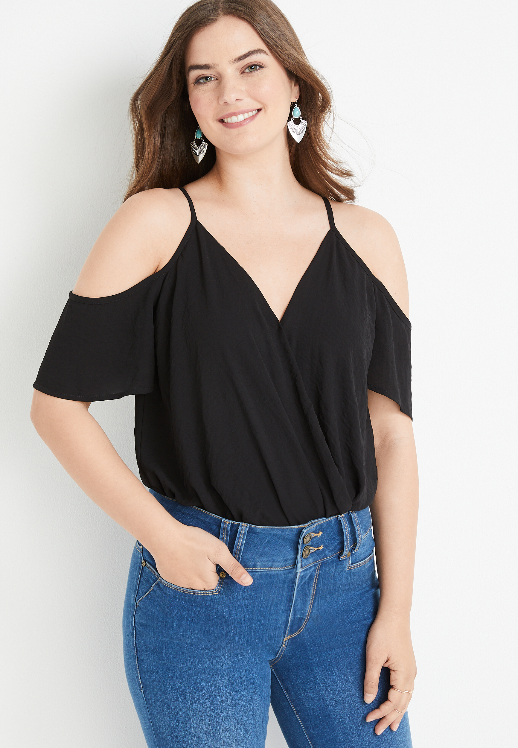 Solid Cold Shoulder Short Flutter Sleeve Bodysuit | maurices