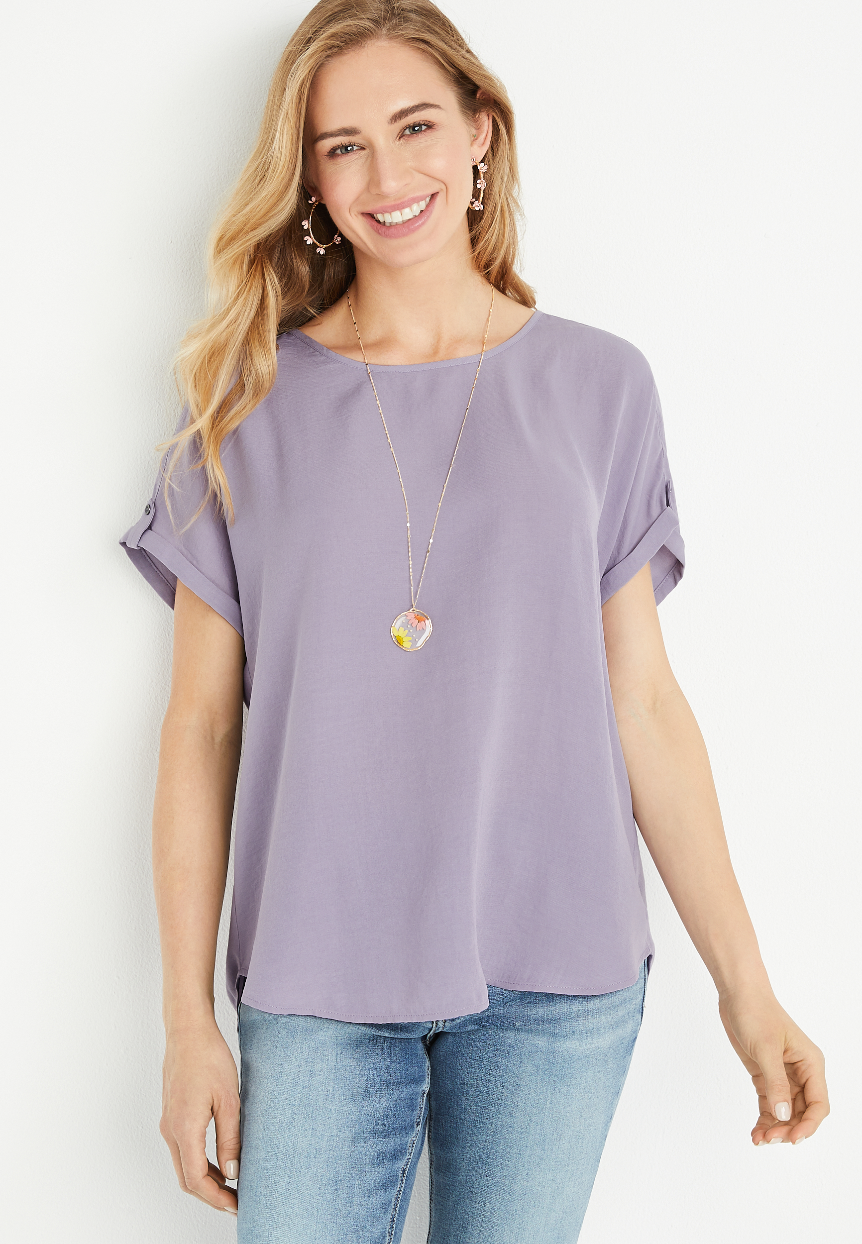 Delton Solid Zipper Back Blouse | maurices