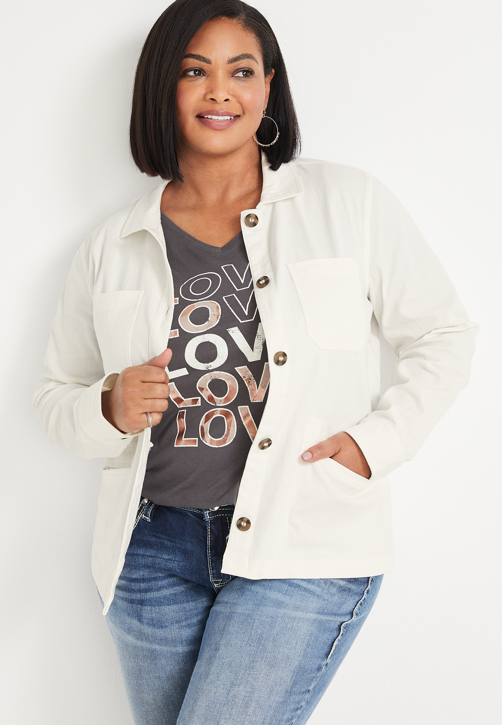 Plus Size Solid Button Down Jacket | maurices