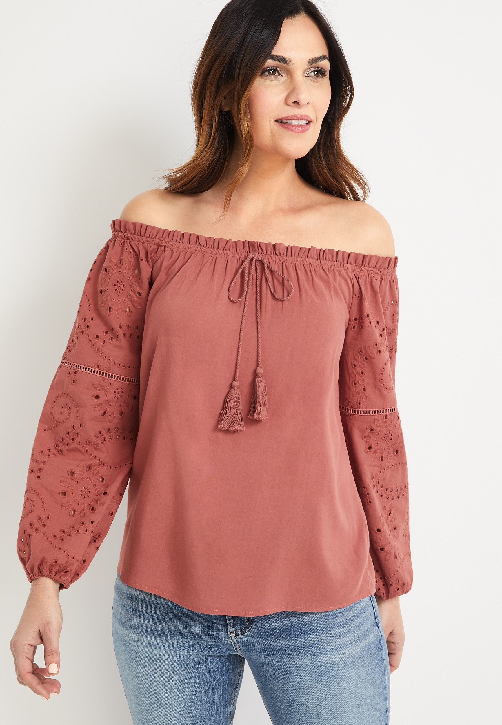 Solid Eyelet Sleeve Off The Shoulder Top | maurices