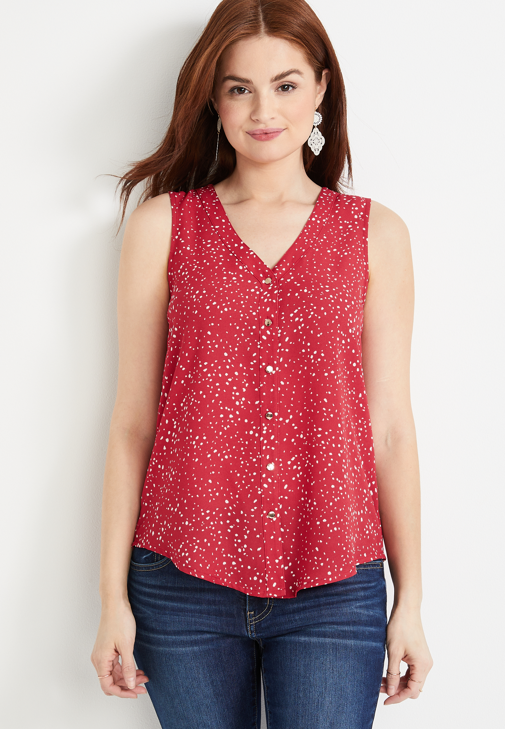 Madison Red Dot Print Button Down Tank Top | maurices