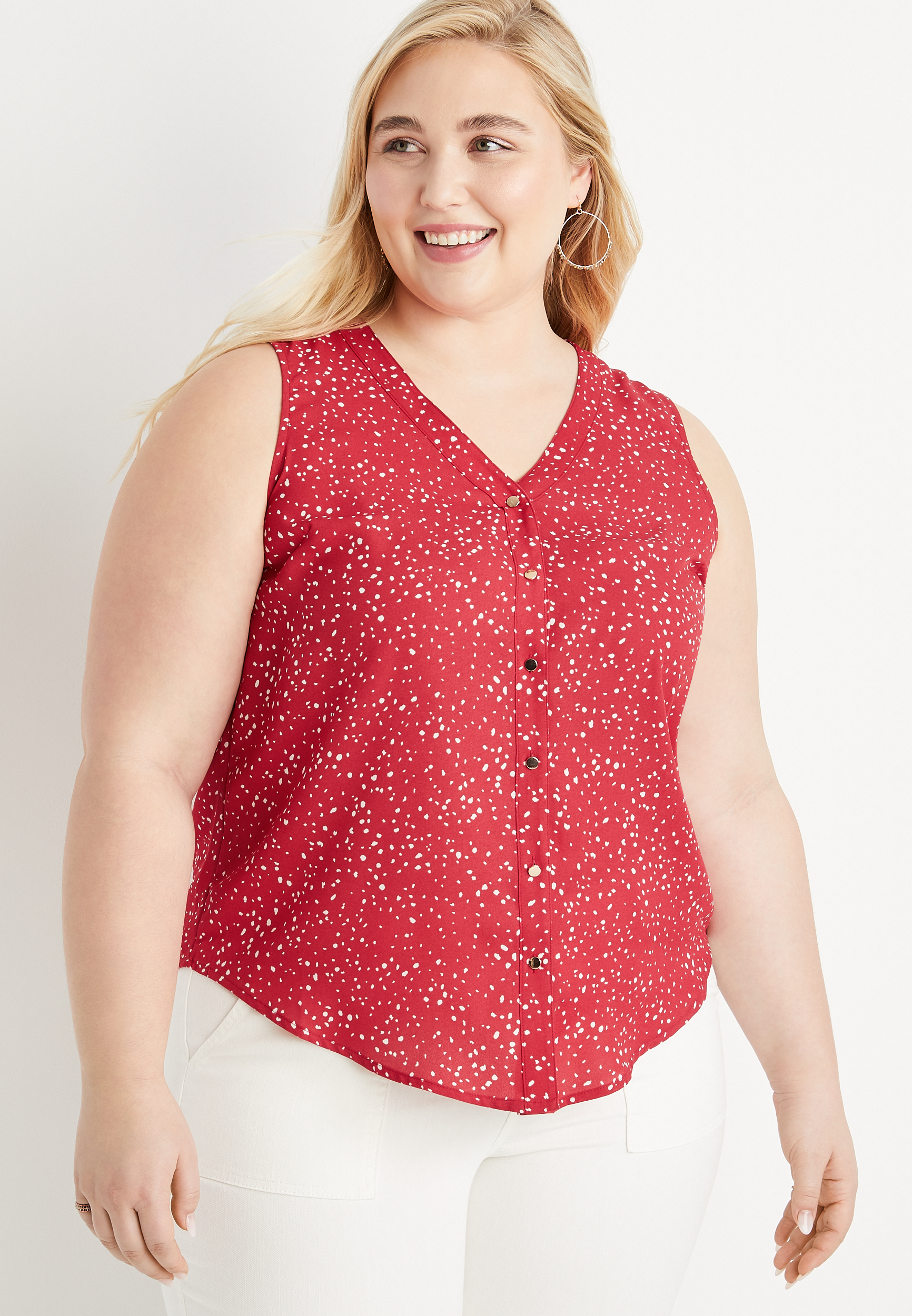 Plus Size Madison Red Dot Print Button Down Tank Top | maurices