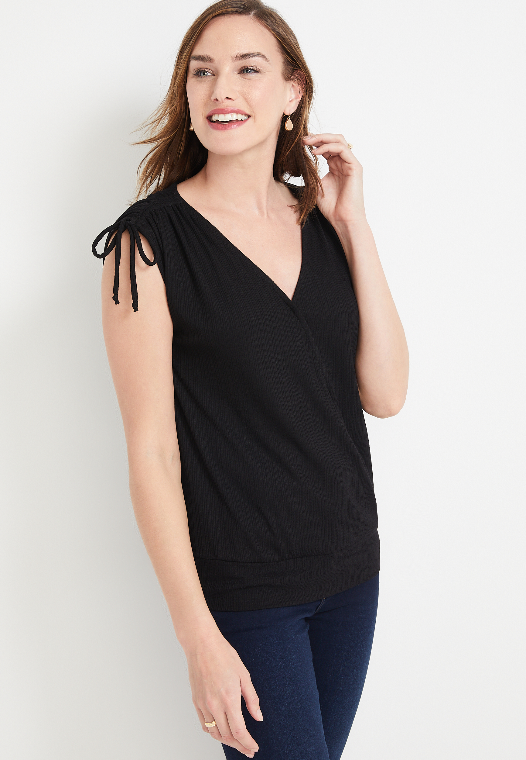 Solid Cinched Shoulder Wrap Top | maurices