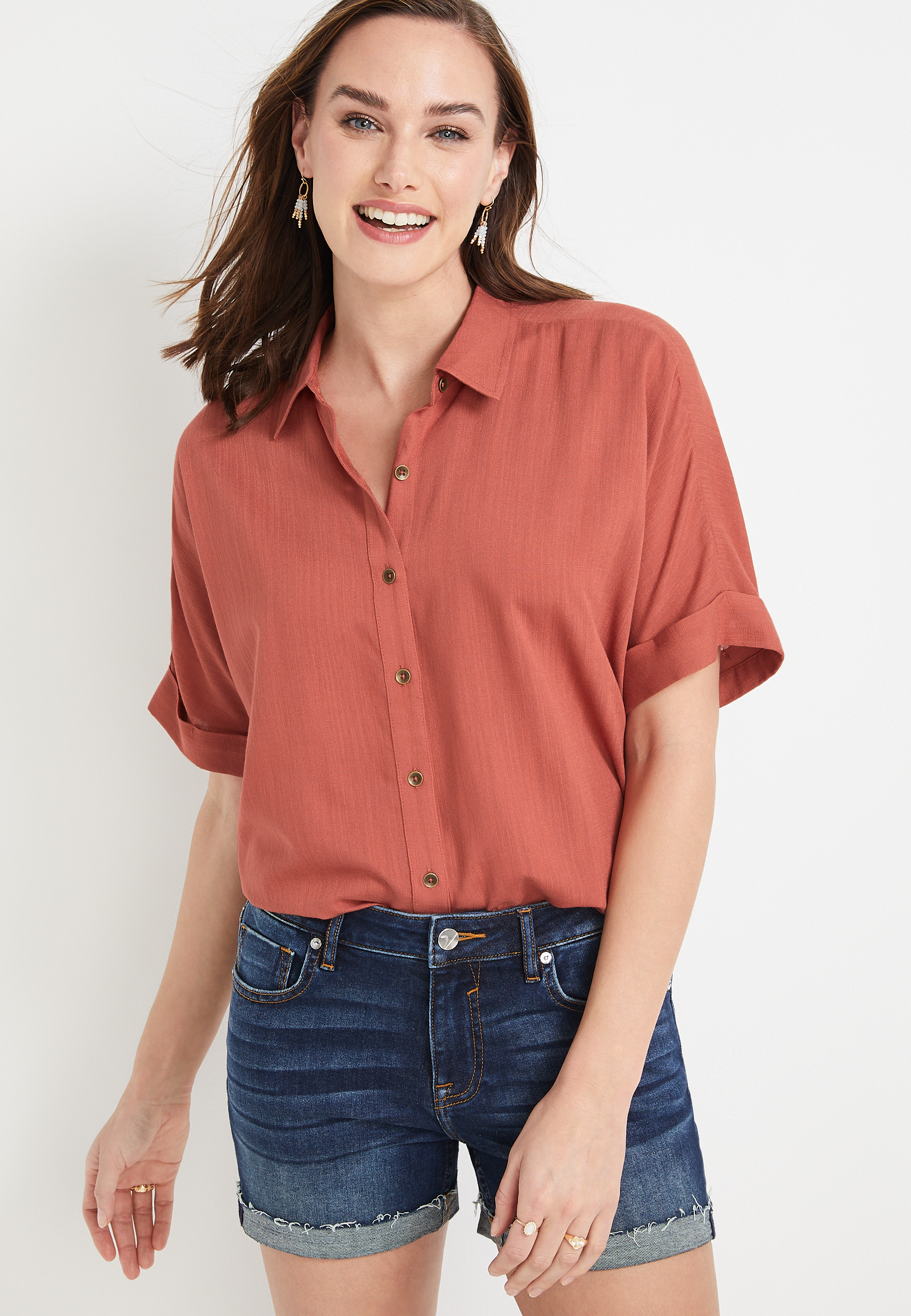 Solid Button Down Relaxed Shirt | maurices