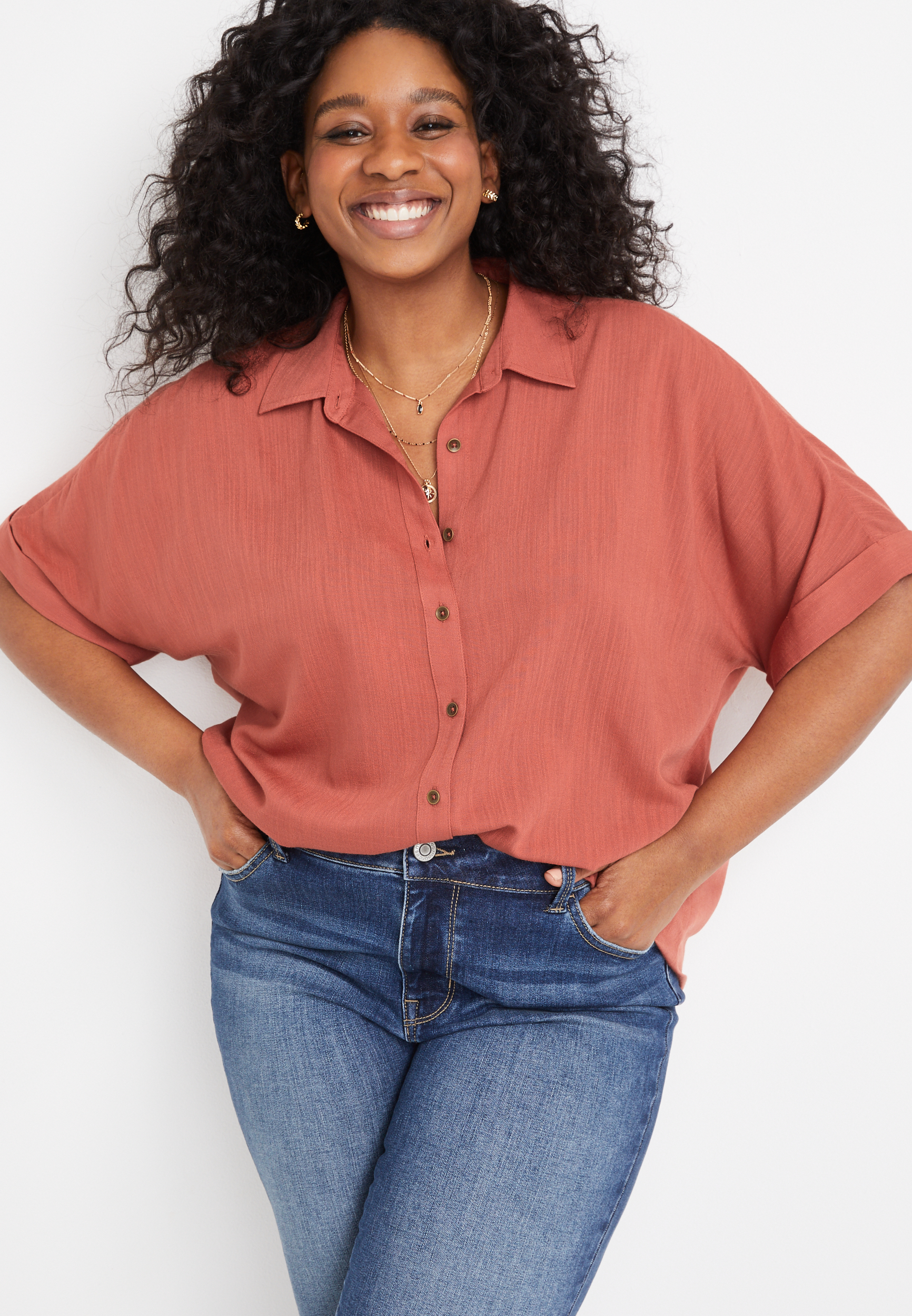 Plus Size Solid Button Down Relaxed Shirt | maurices