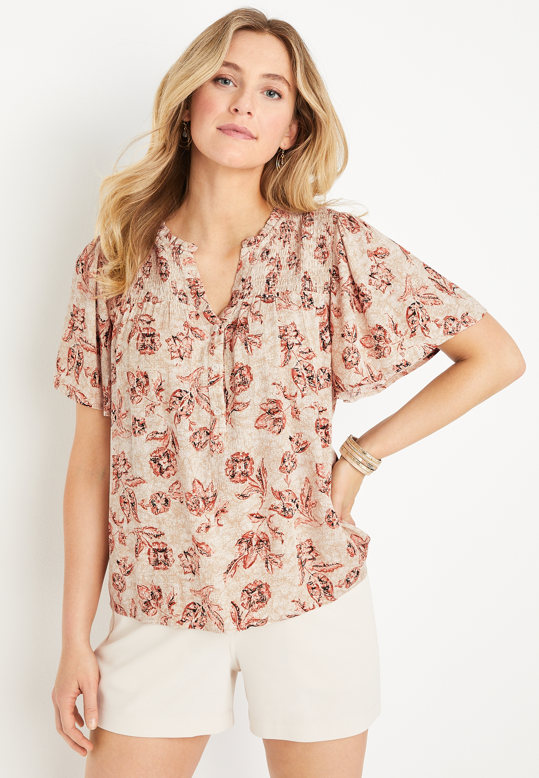 Floral Smocked Flutter Short Sleeve Top | maurices