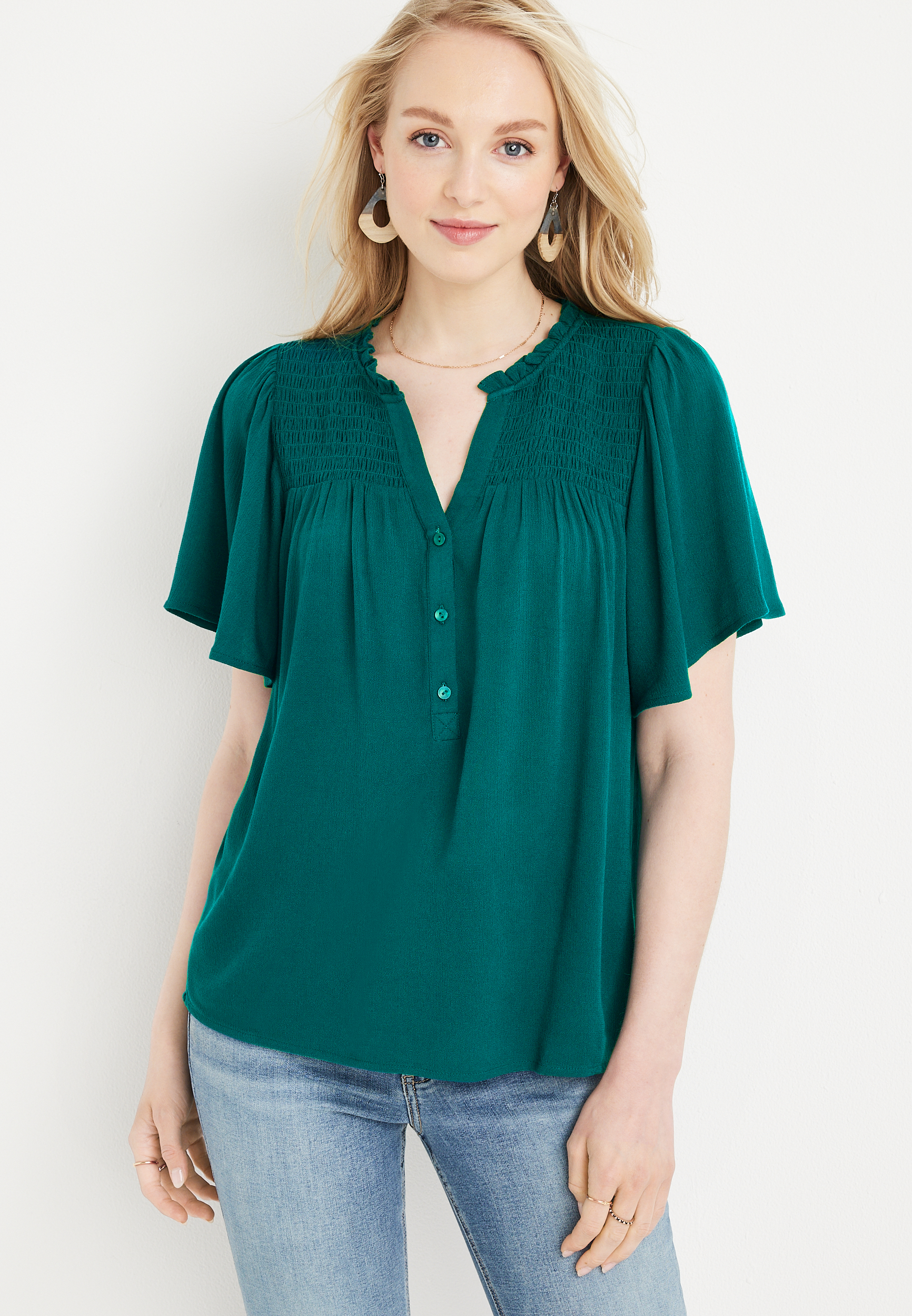Solid Smocked Flutter Sleeve Top | maurices