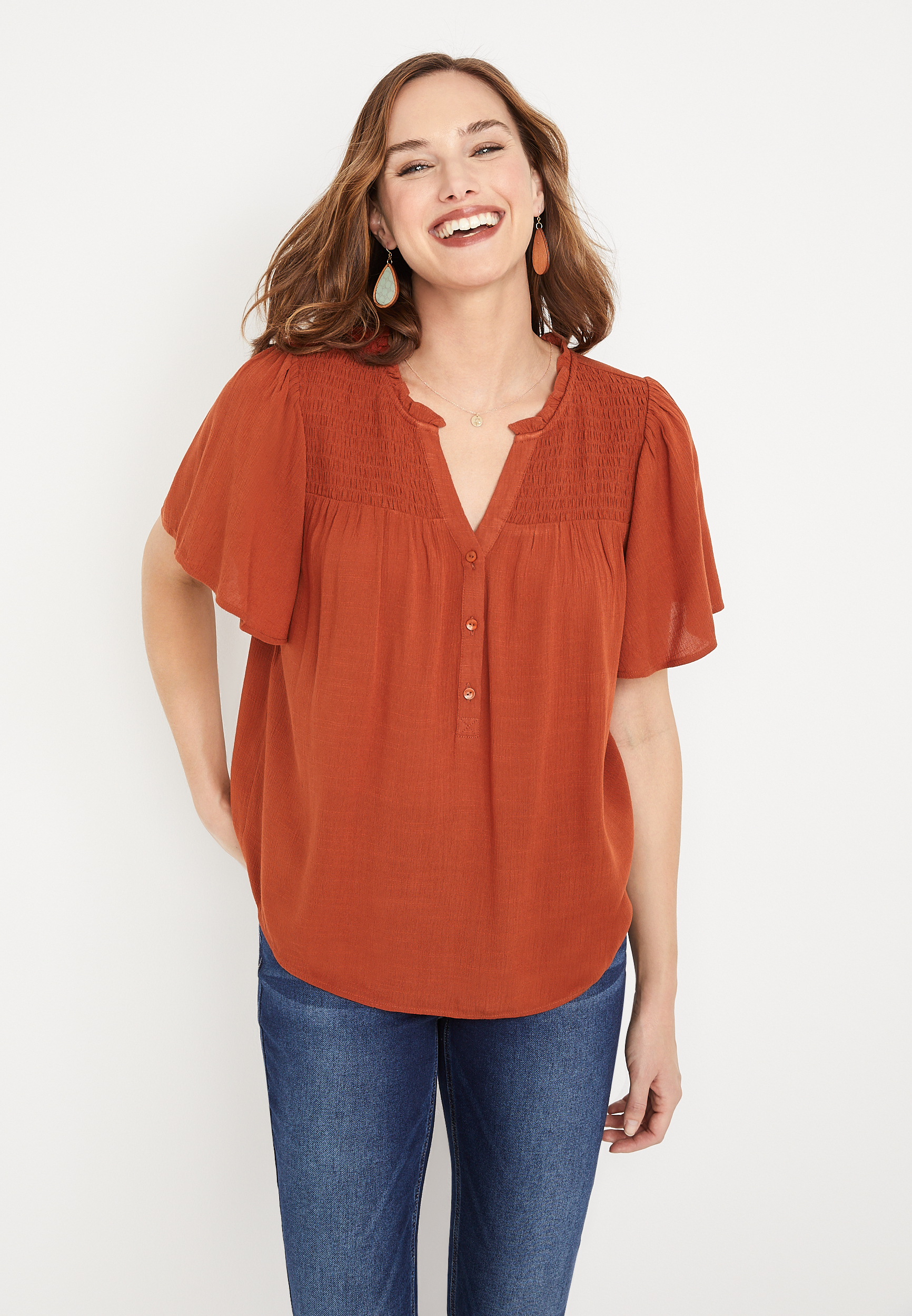Solid Smocked Flutter Sleeve Top | maurices