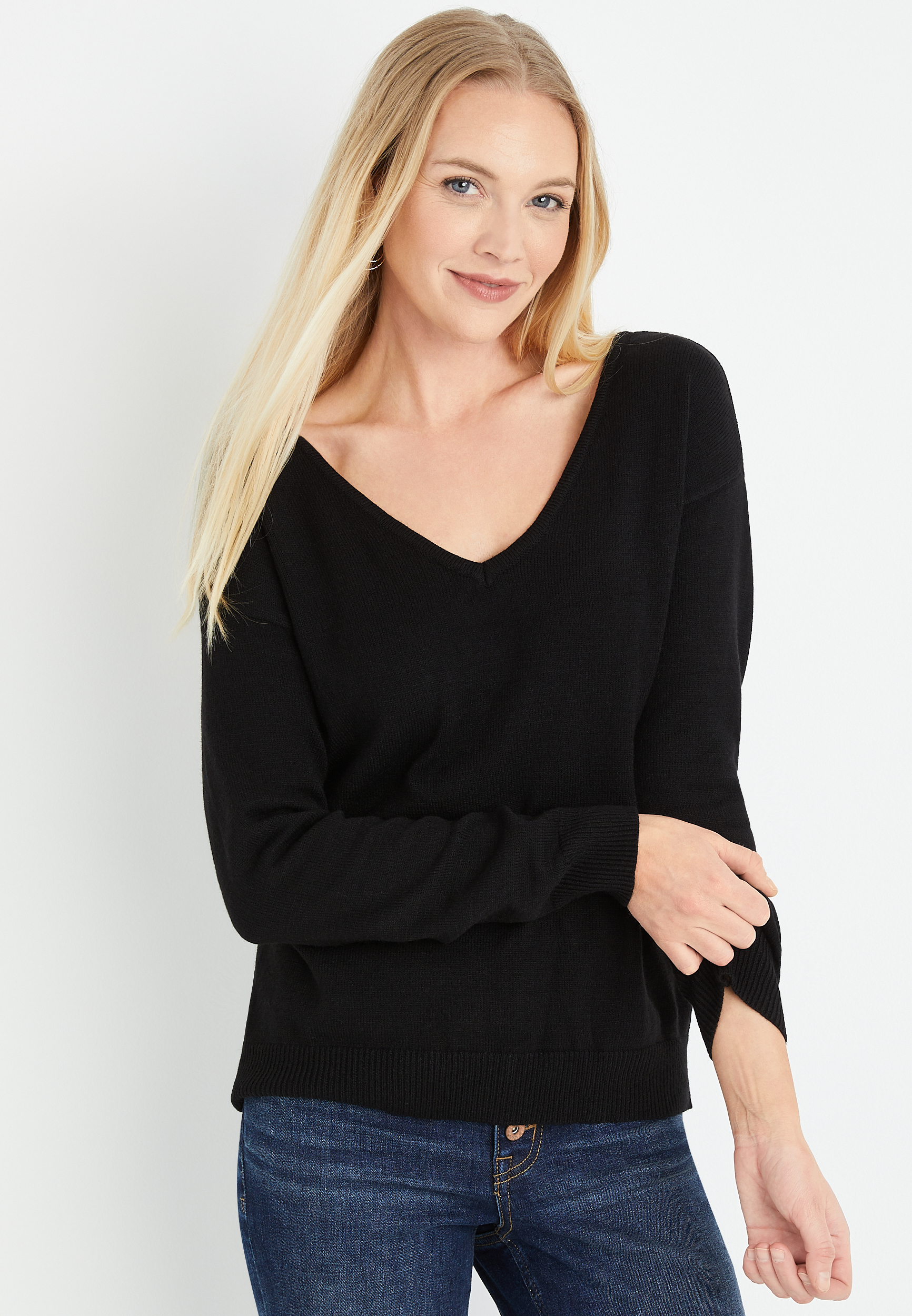 Solid V Neck Lace Back Sweater | maurices