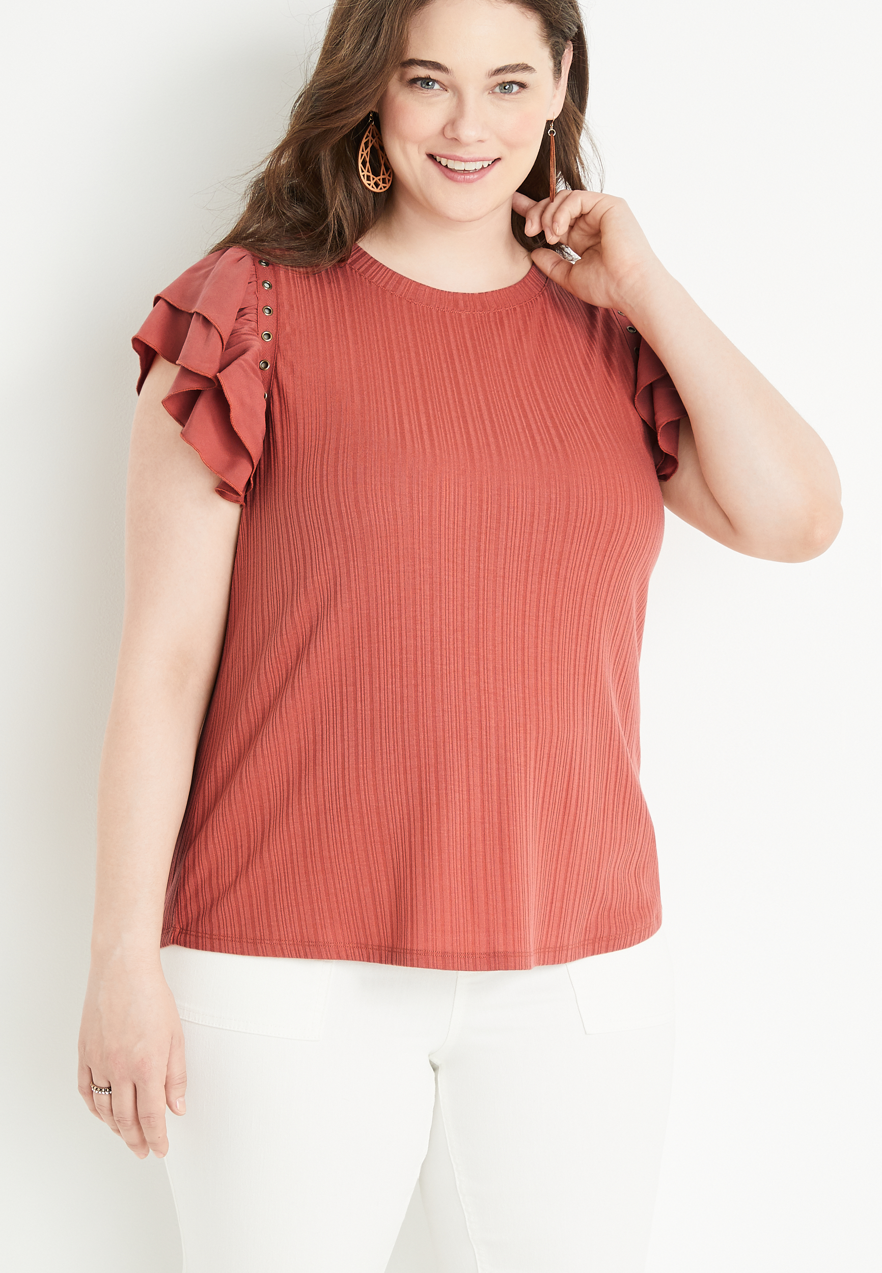 Plus Size Solid Grommet Flutter Sleeve Blouse | maurices
