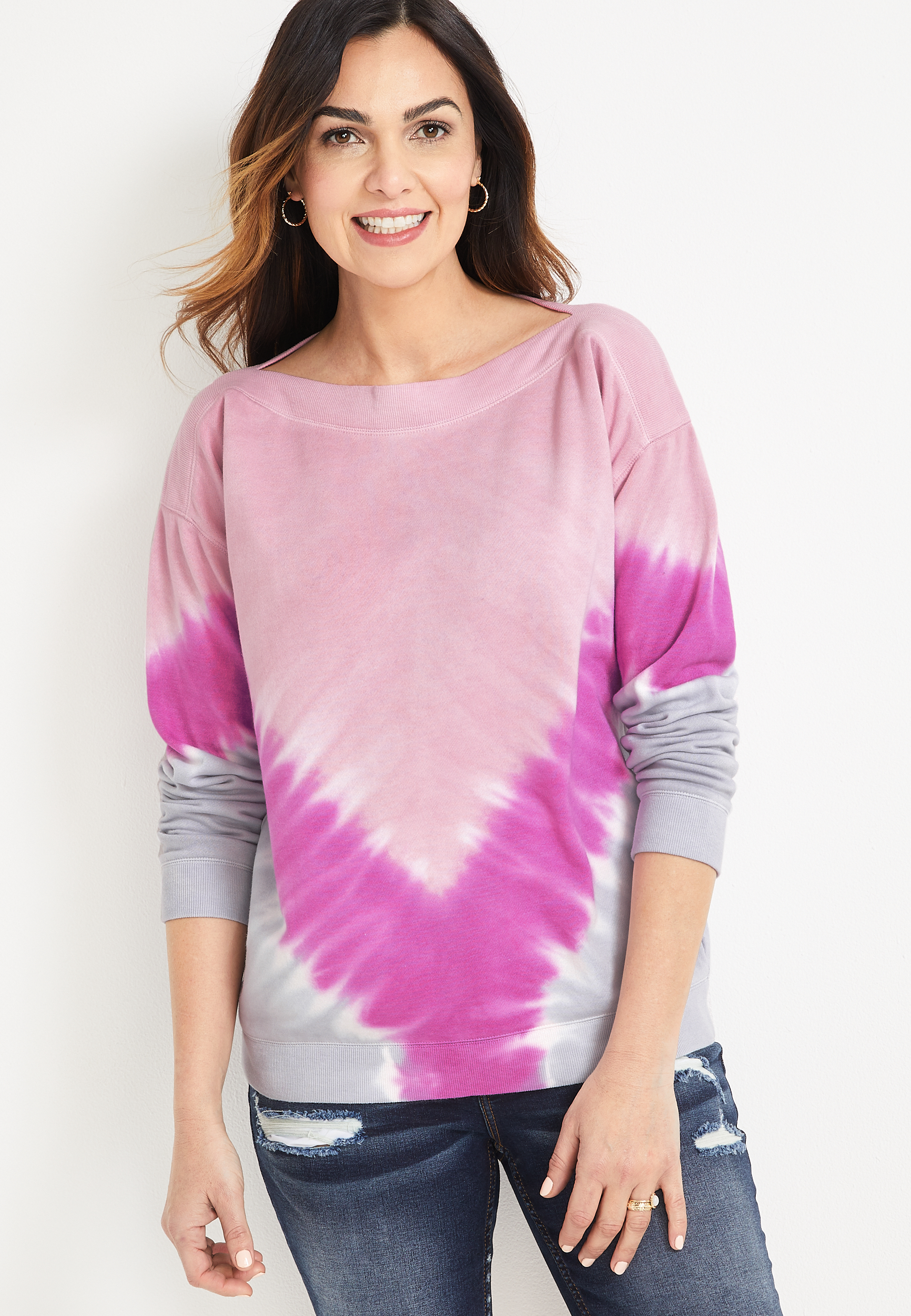 Pink Chevron Tie Dye Fleece Sweatshirt | maurices