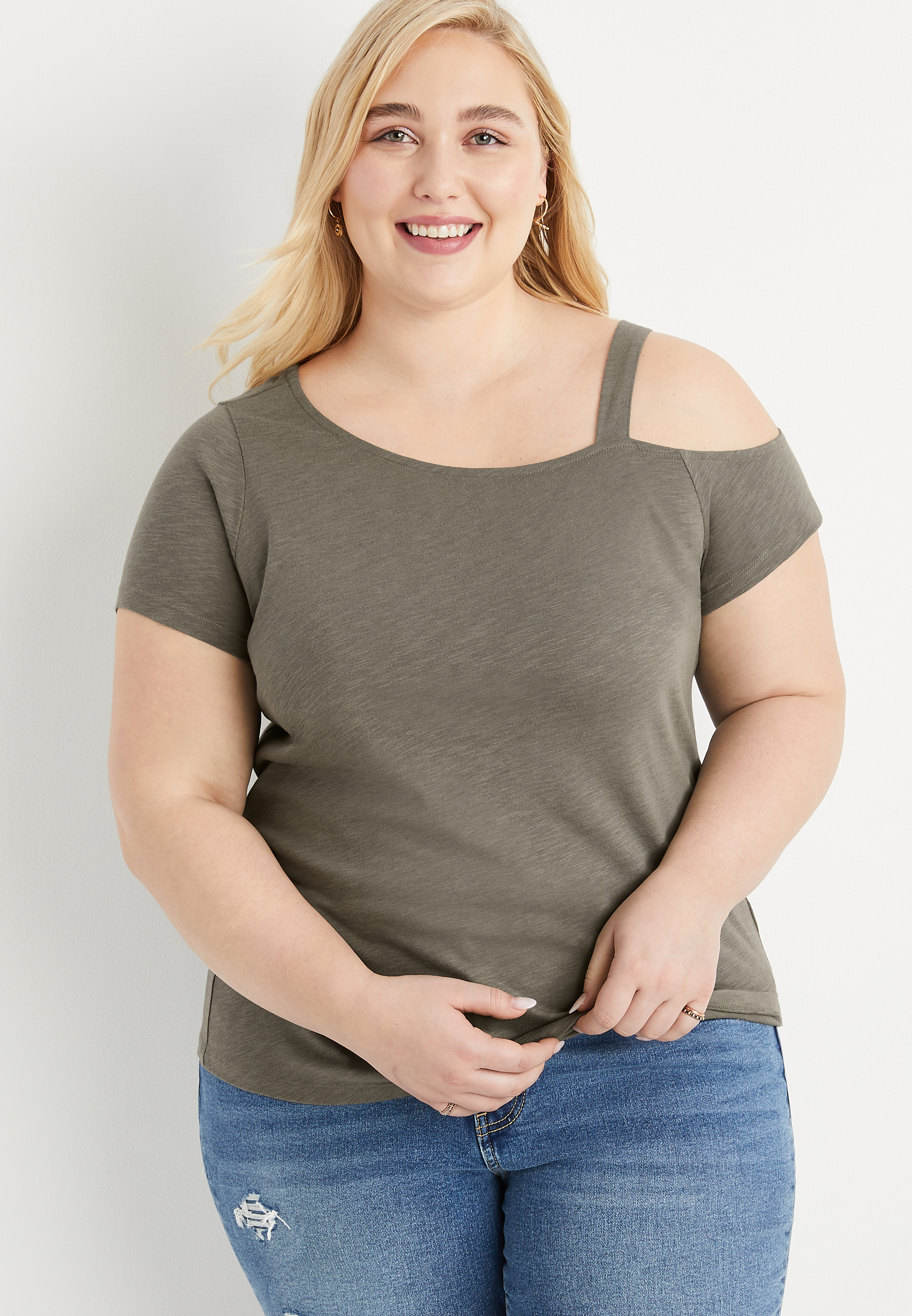 Plus Size Solid Asymmetrical Shoulder Show Tee | maurices