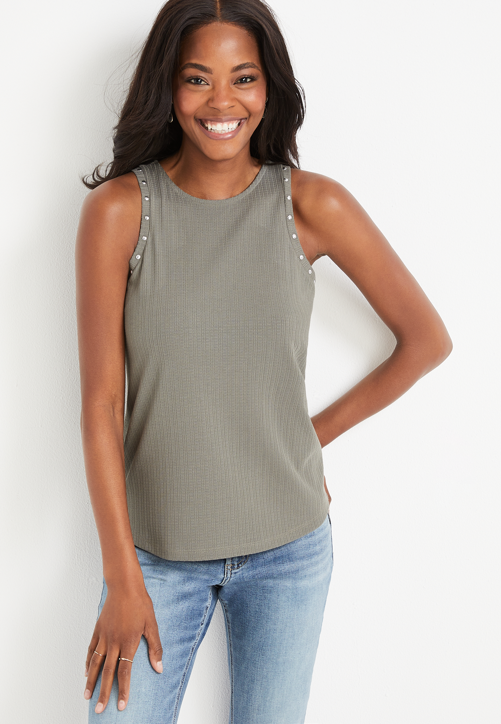 Solid High Neck Studded Sleeve Tank Top | maurices