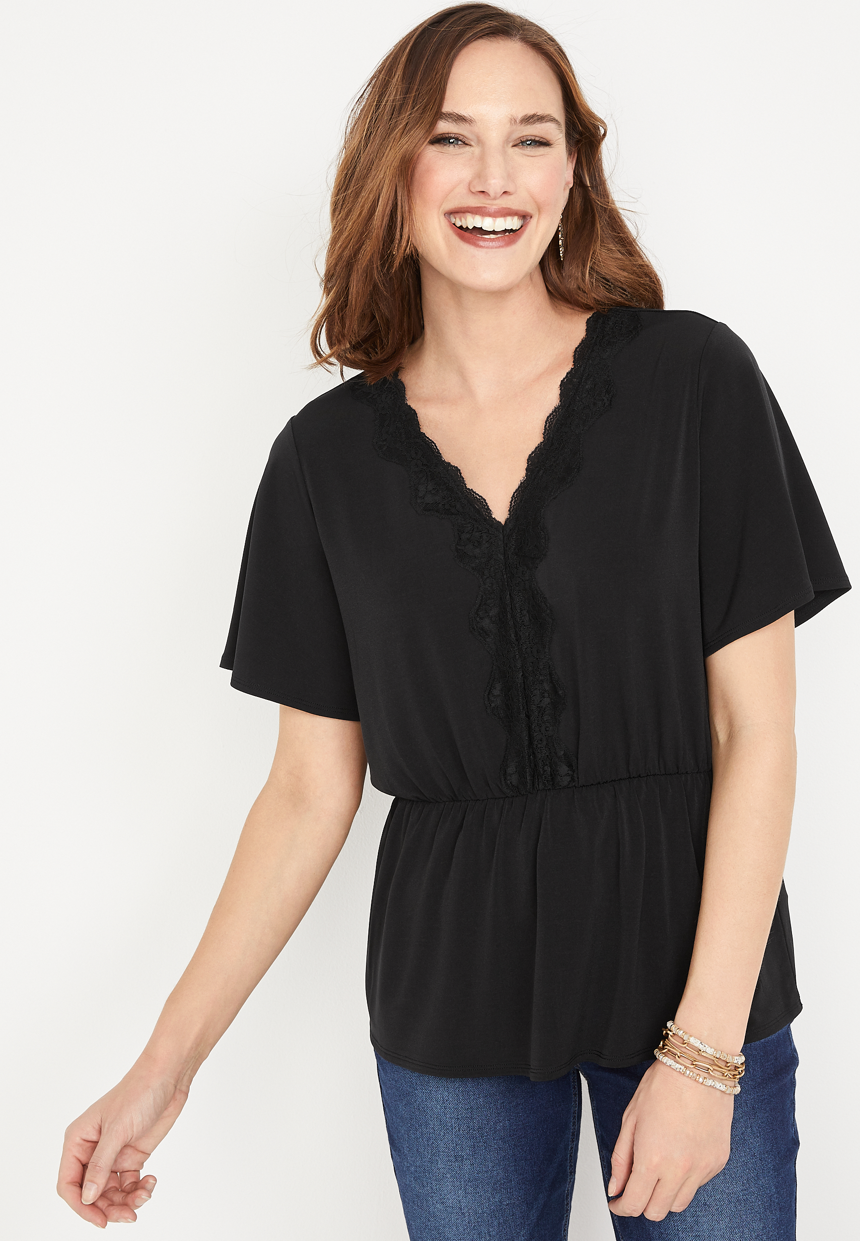 Solid Lace Trim V Neck Top | maurices