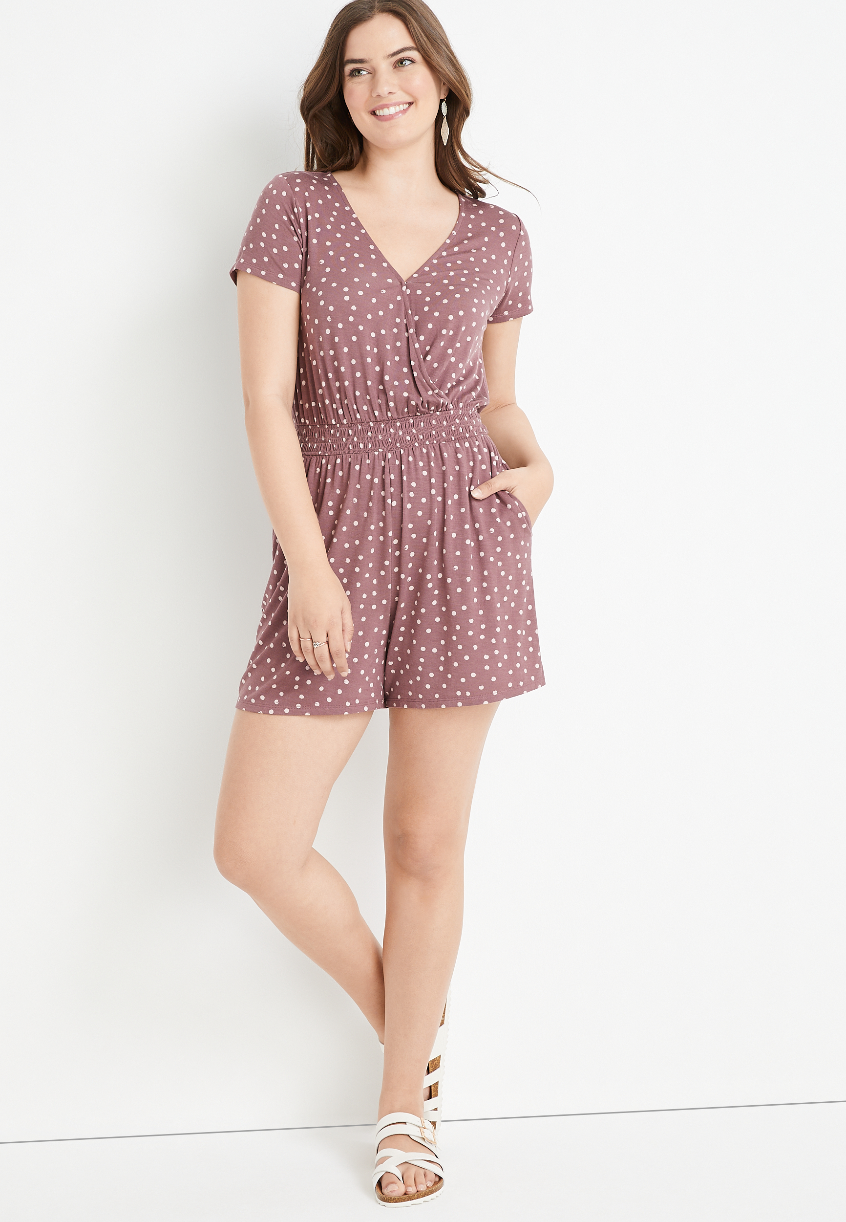 24/7 Polka Dot Smocked Waist Romper | maurices